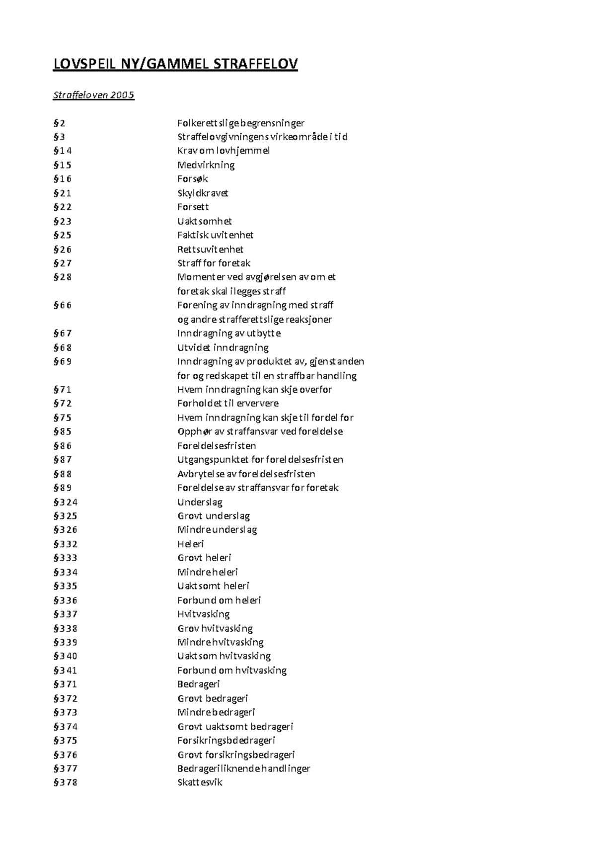 Lovspeil utdrag - LOVSPEIL NY/GAMMEL STRAFFELOV Straffeloven 2005 § 2 ...