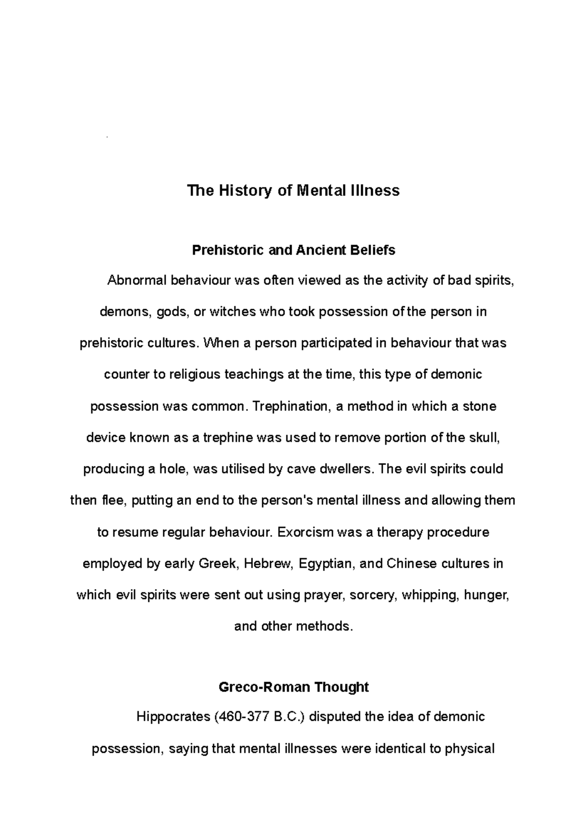 The History of Mental Illness - Abnormal Psychology - Studocu