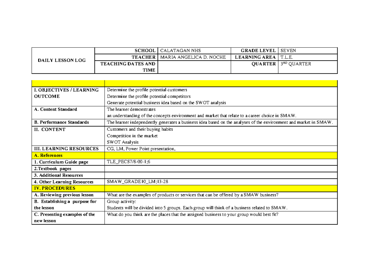 DLL4 - Dailly lesson plan in SMAW NCII - DAILY LESSON LOG SCHOOL ...