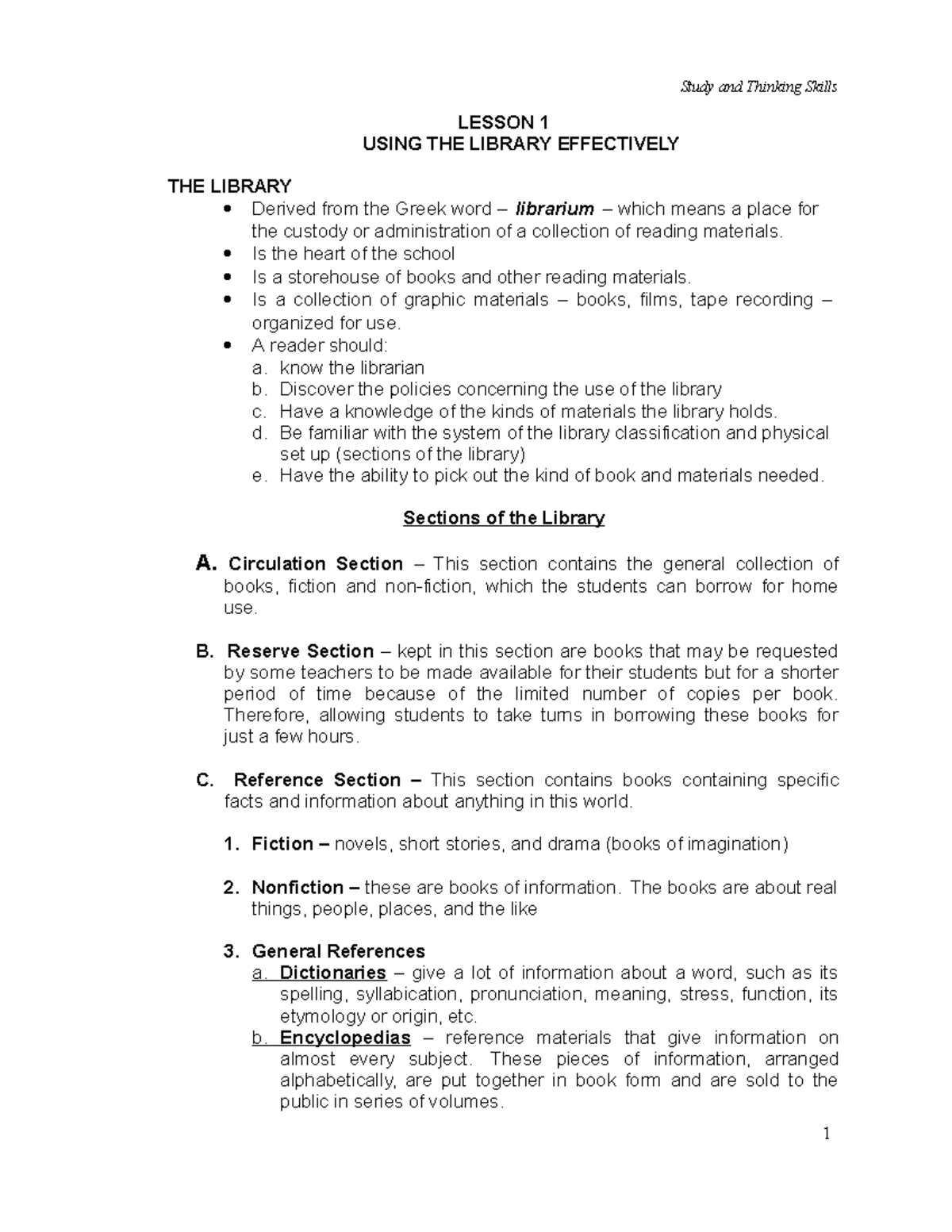 Study and thinking skills - Study and Thinking Skills 1 LESSON 1 USING ...