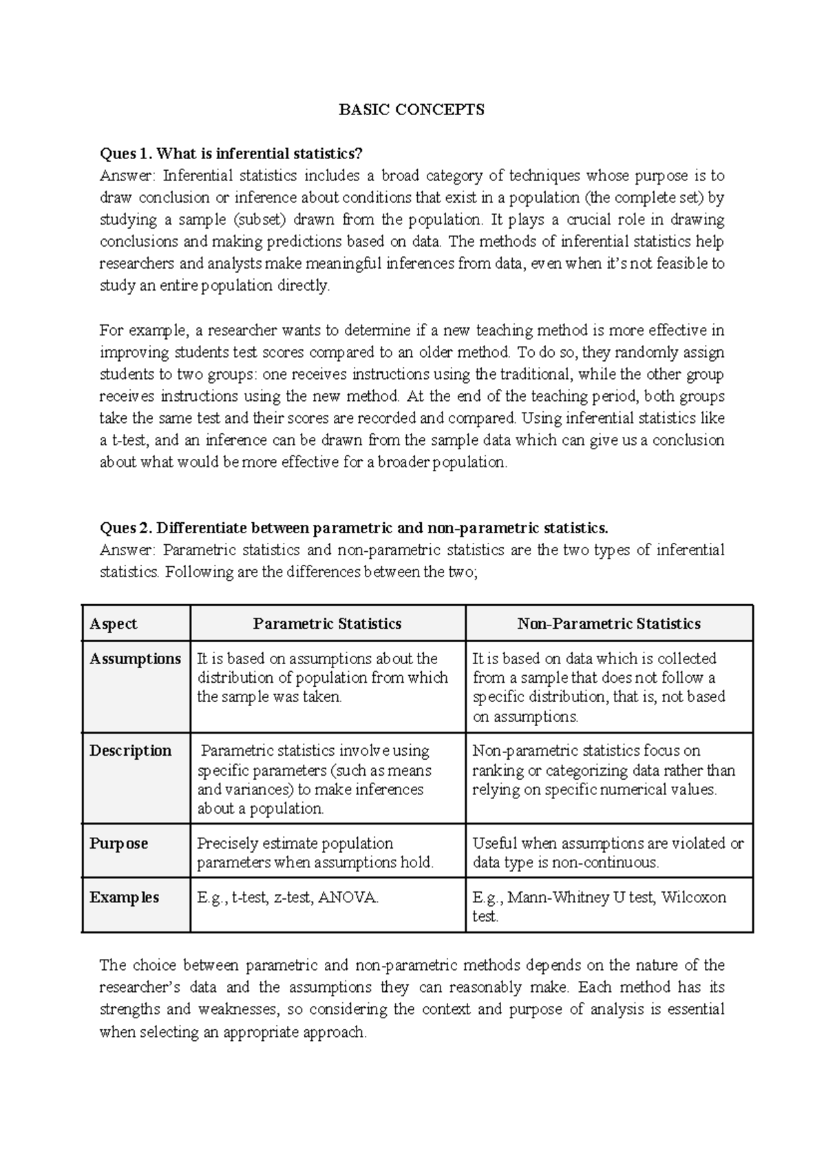 Stats unit 1 - BASIC CONCEPTS Ques 1. What is inferential statistics? Answer: Inferential ...