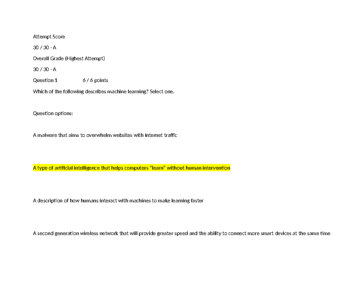 6-2 Module 6 quiz - Attempt Score 30 / 30 - A Overall Grade (Highest ...