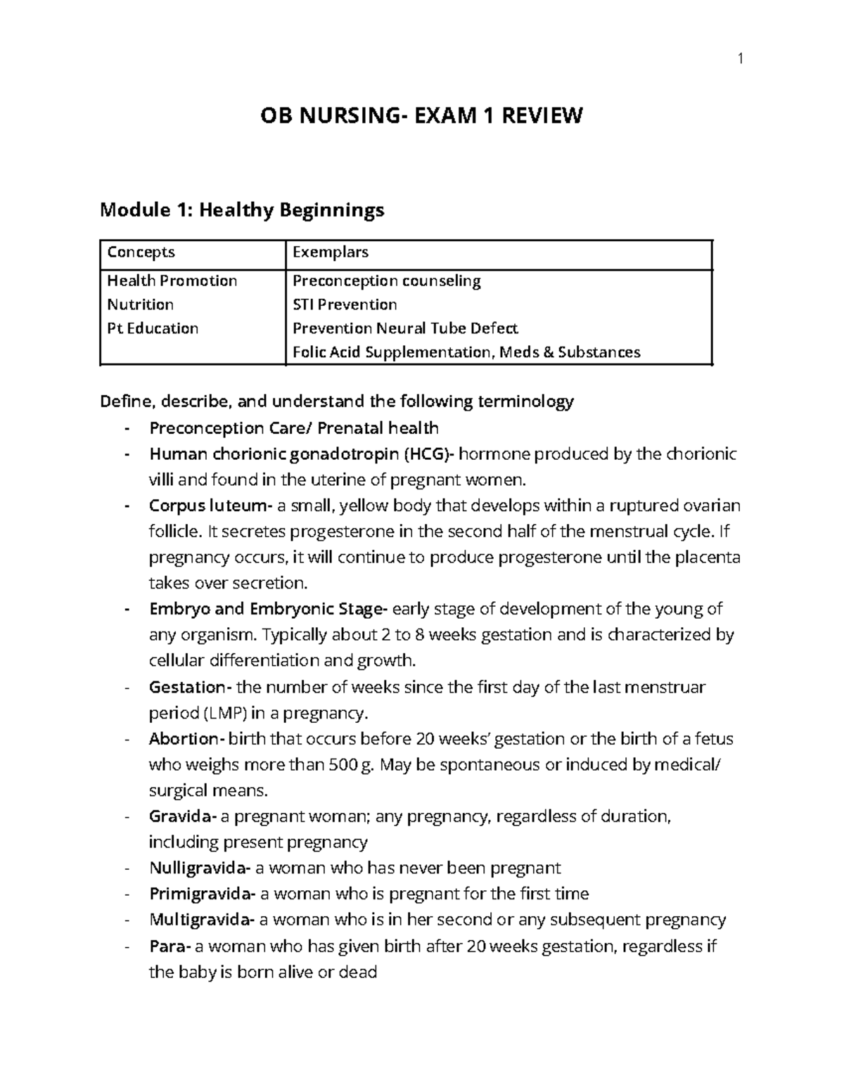 EXAM 1 Review- OB - OB NURSING- EXAM 1 REVIEW Module 1: Healthy ...