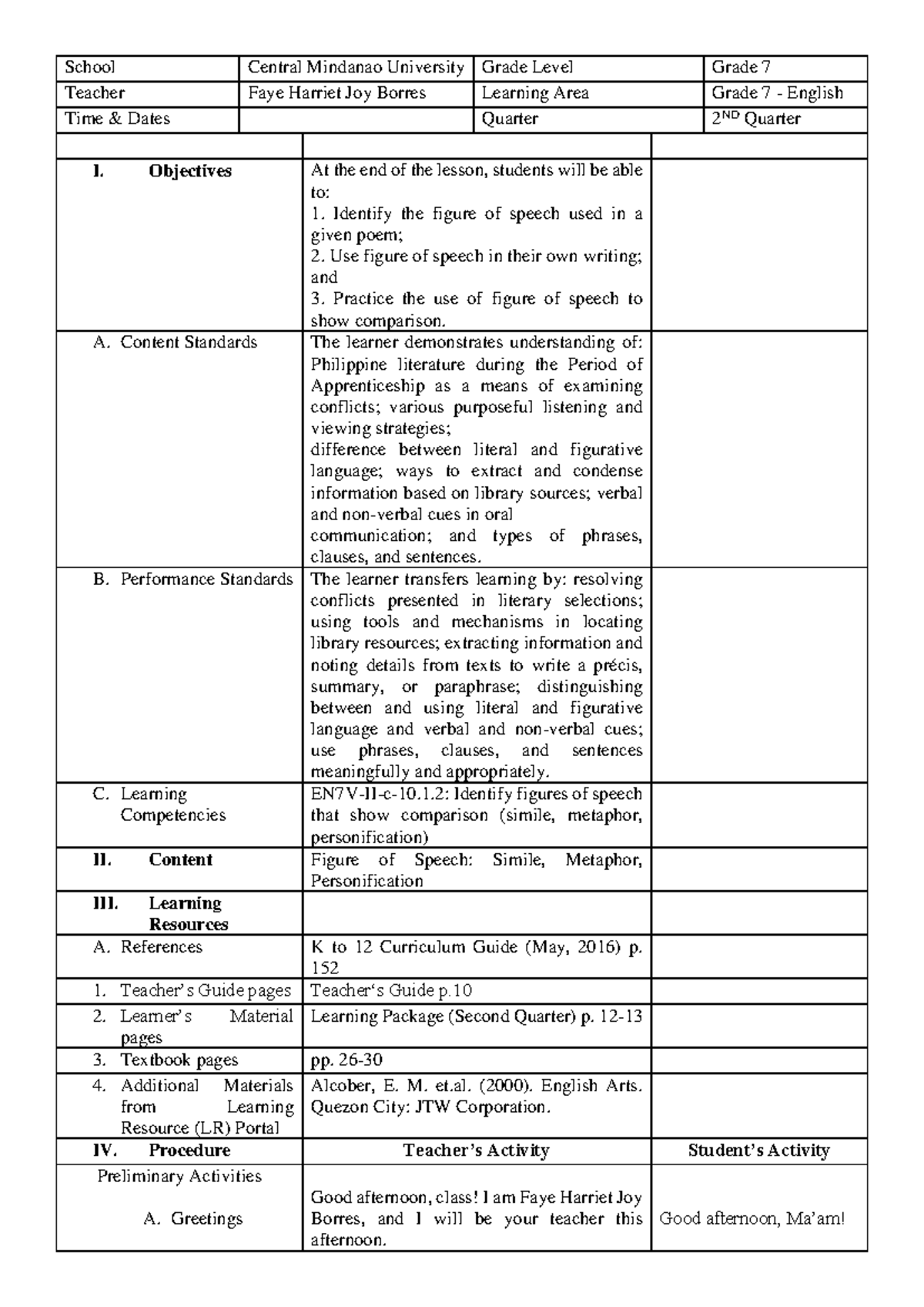 FAYE DLP 2 - Detailed lesson plan for Figure of Speech: Simile ...
