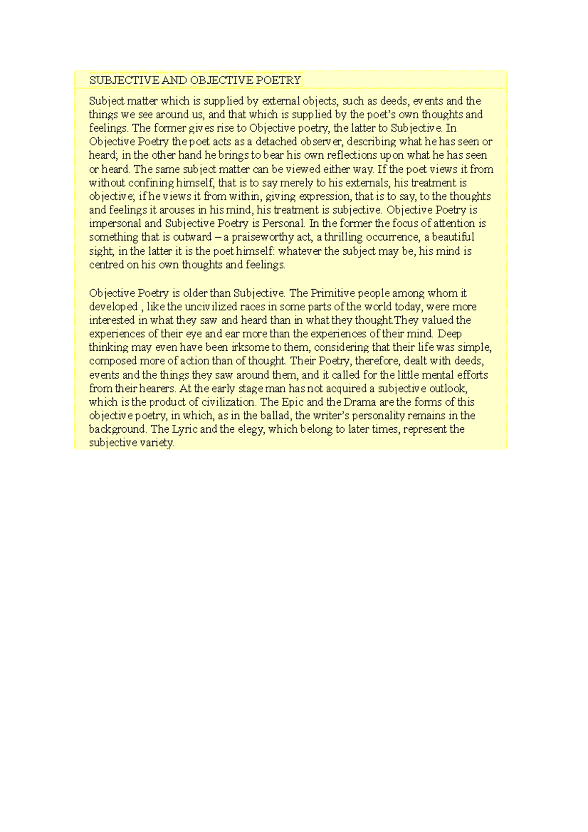 Subjective AND Objective Poetry - SUBJECTIVE AND OBJECTIVE POETRY Subject matter which is ...