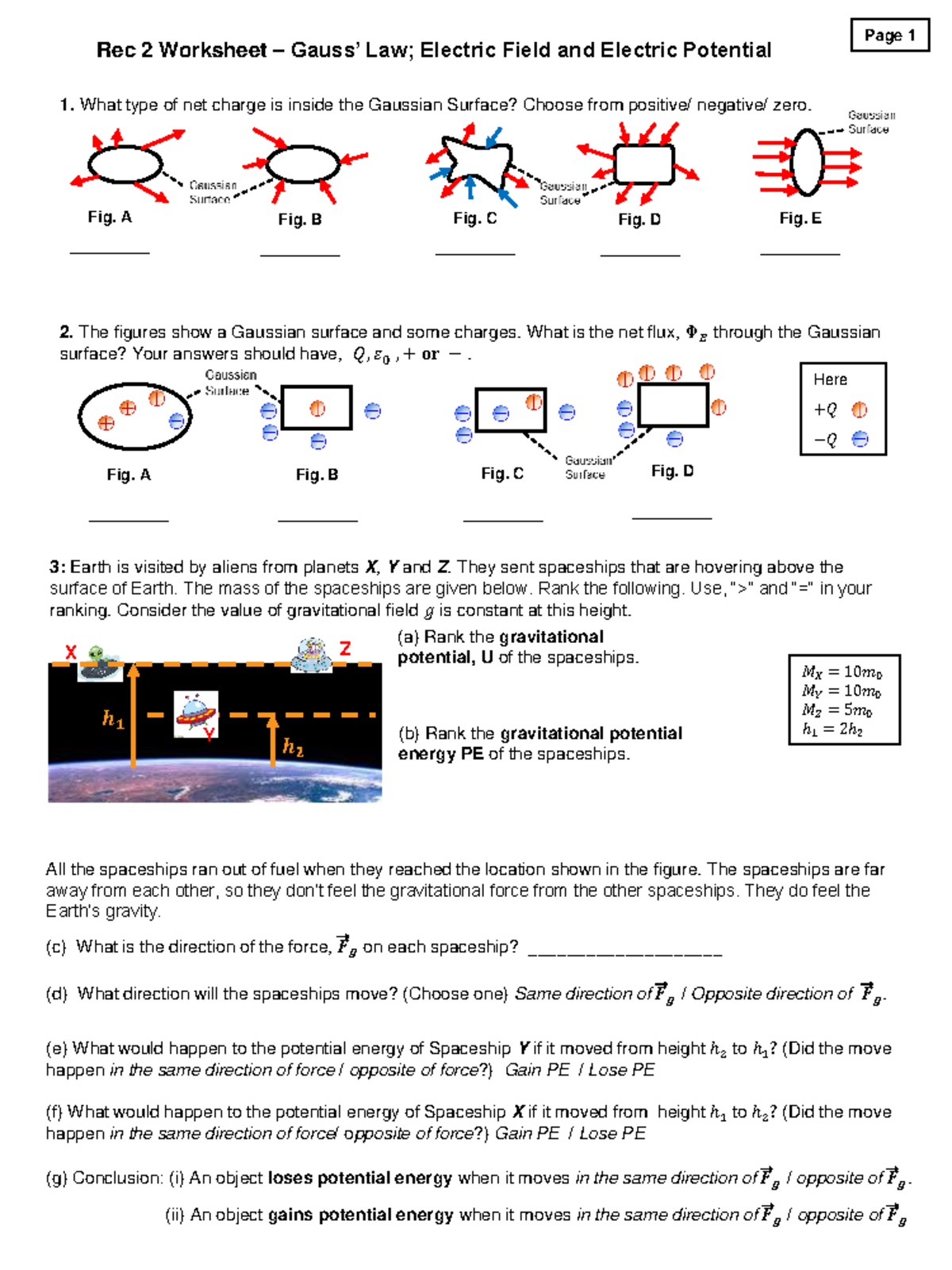 Ch15-16 Gauss Law Field Potential - Rec 2 Worksheet – Gauss’ Law ...