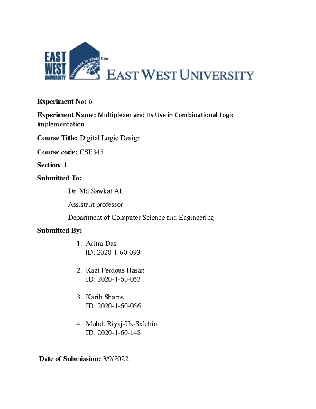 Lab6 - lab6 - Experiment No: 6 Experiment Name: Multiplexer and Its Use ...