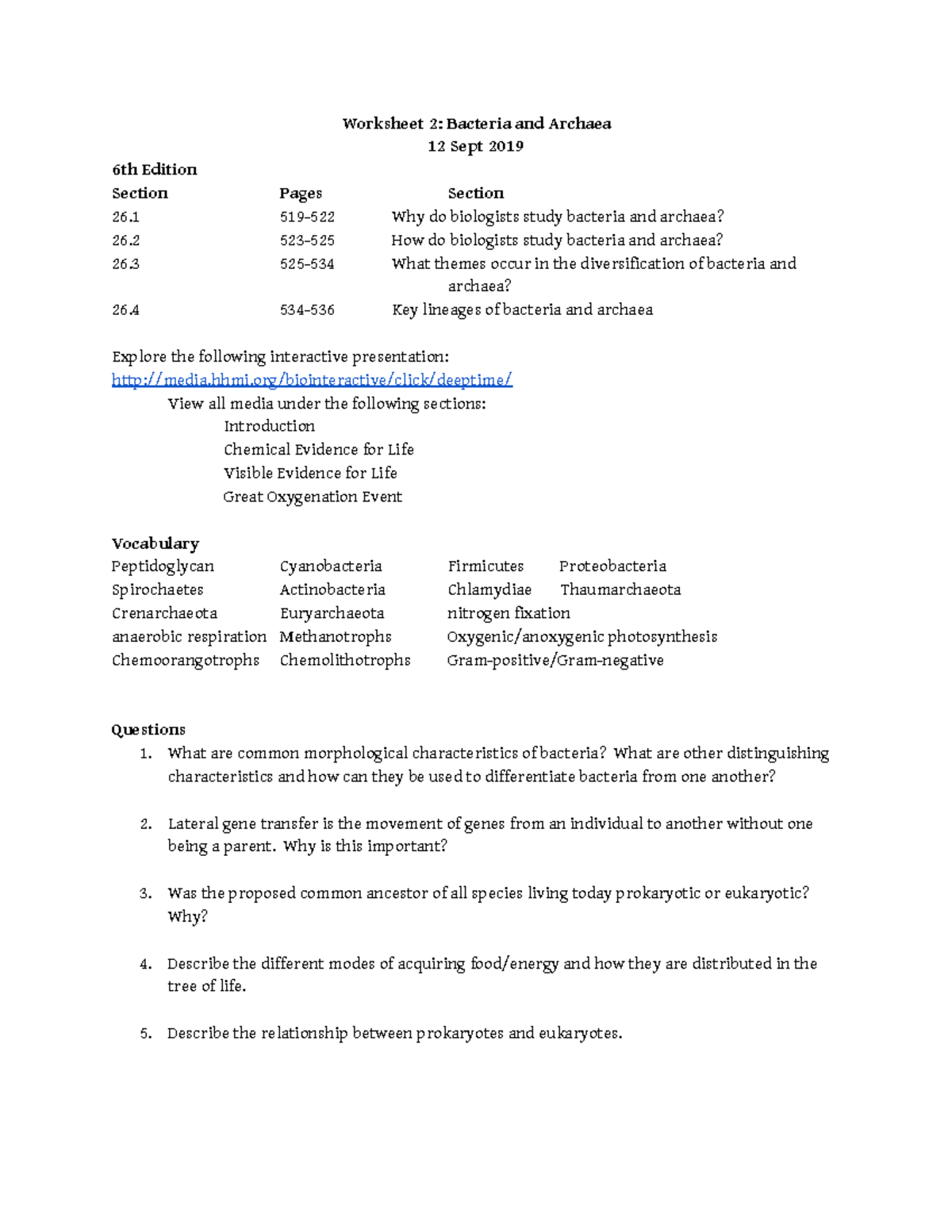 Worksheet 2 - Biology - Worksheet 2: Bacteria and Archaea 12 Sept 2019 ...
