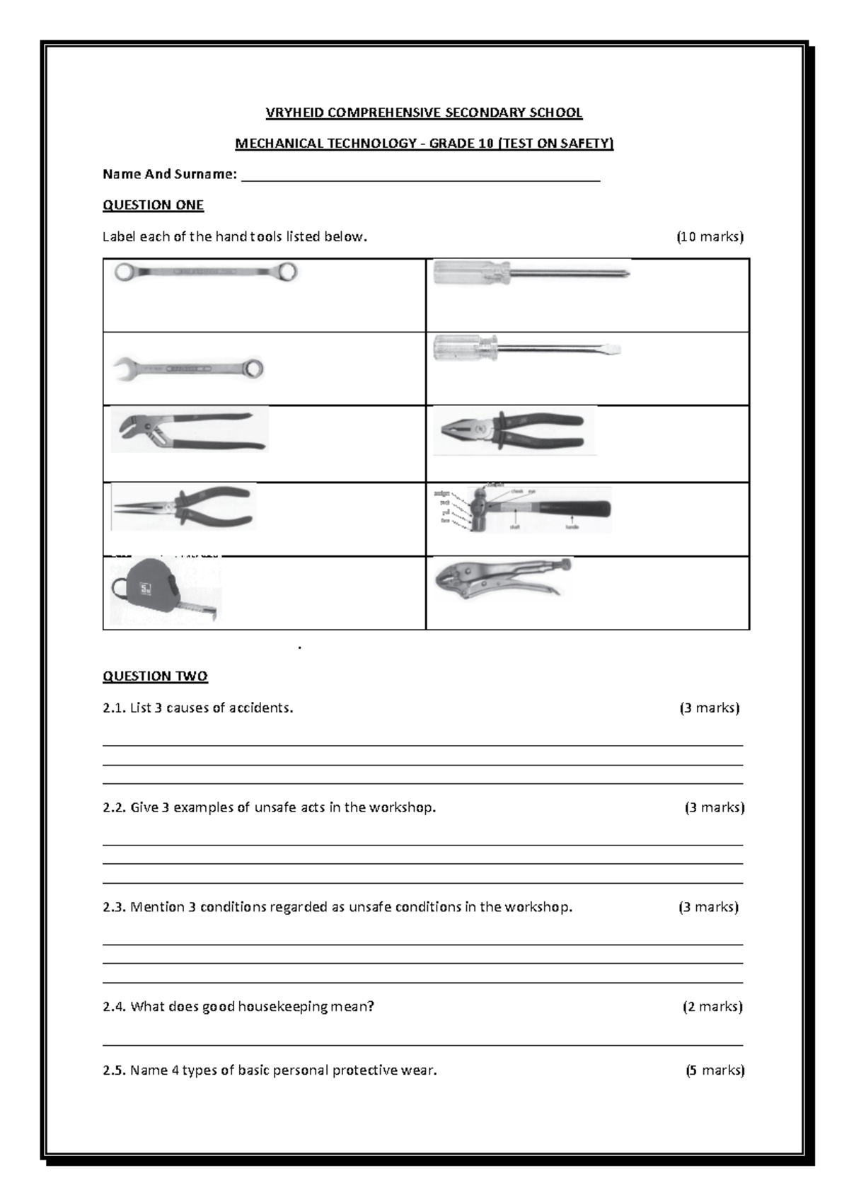 Grade 10 Welding Safety - VRYHEID COMPREHENSIVE SECONDARY SCHOOL ...