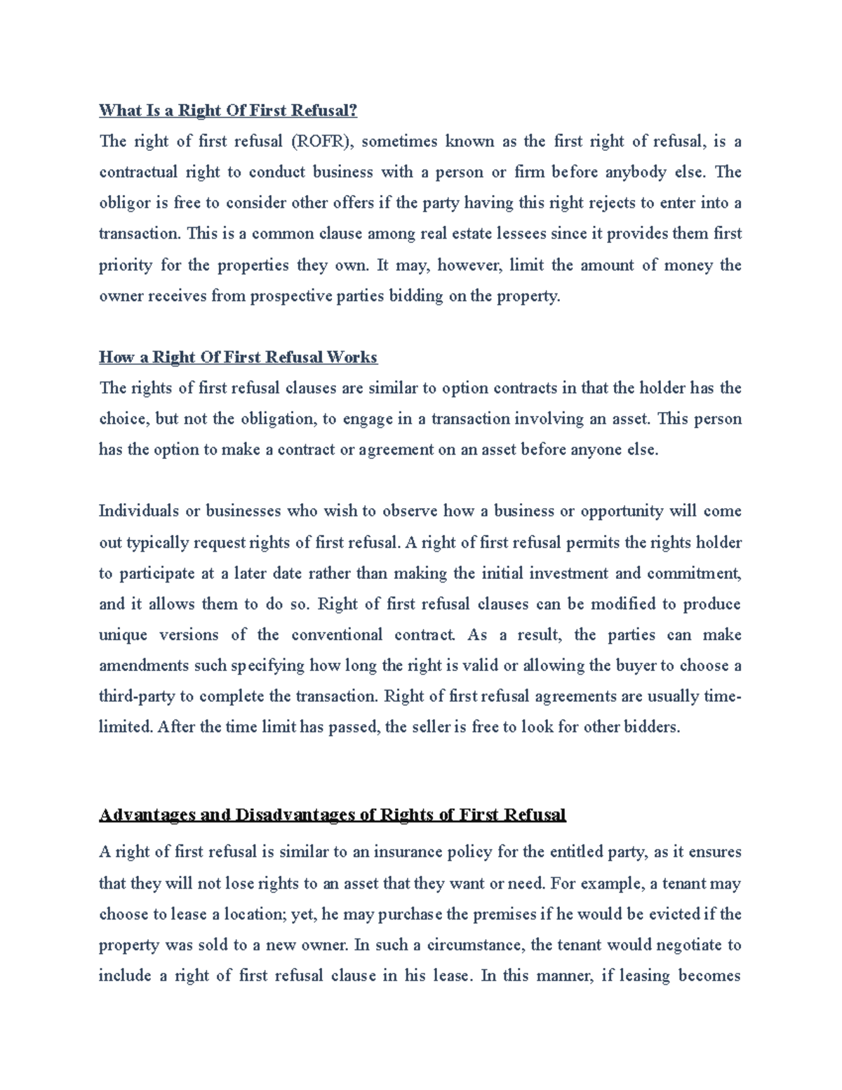 What Is a Right Of First Refusal - The obligor is free to consider ...