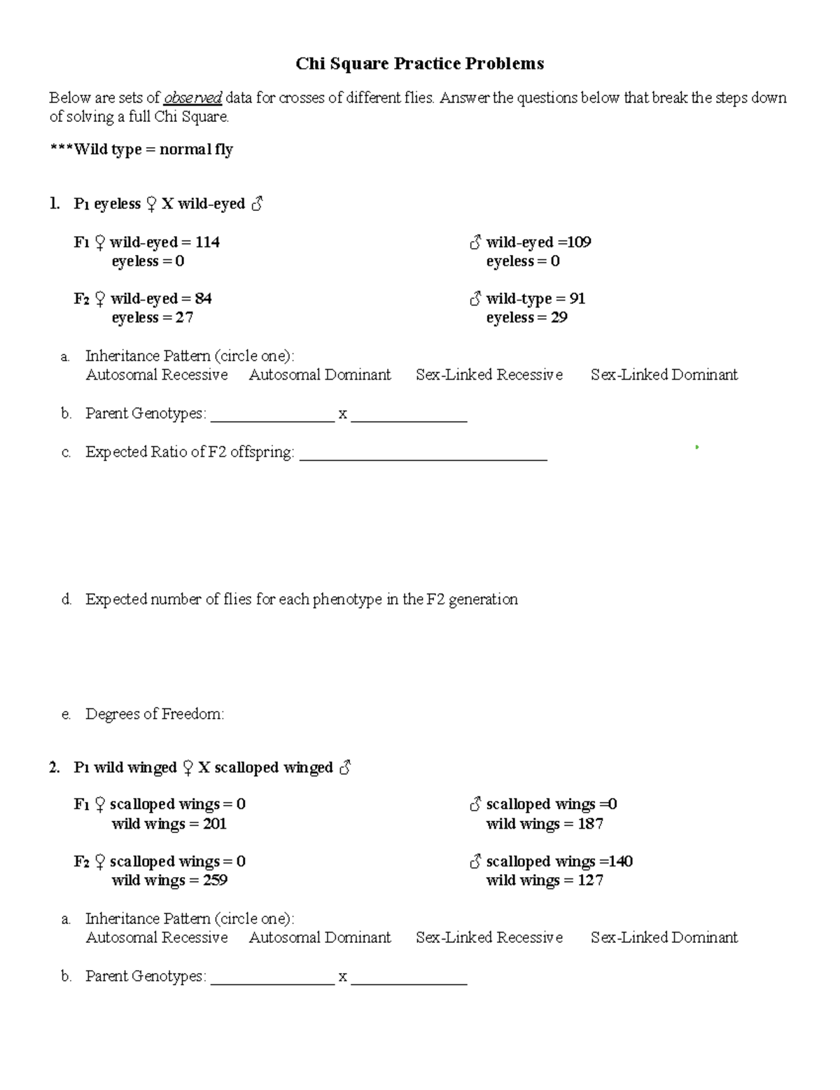Chi Square Practice Problems - SC - Chi Square Practice Problems Below are sets of observed data ...