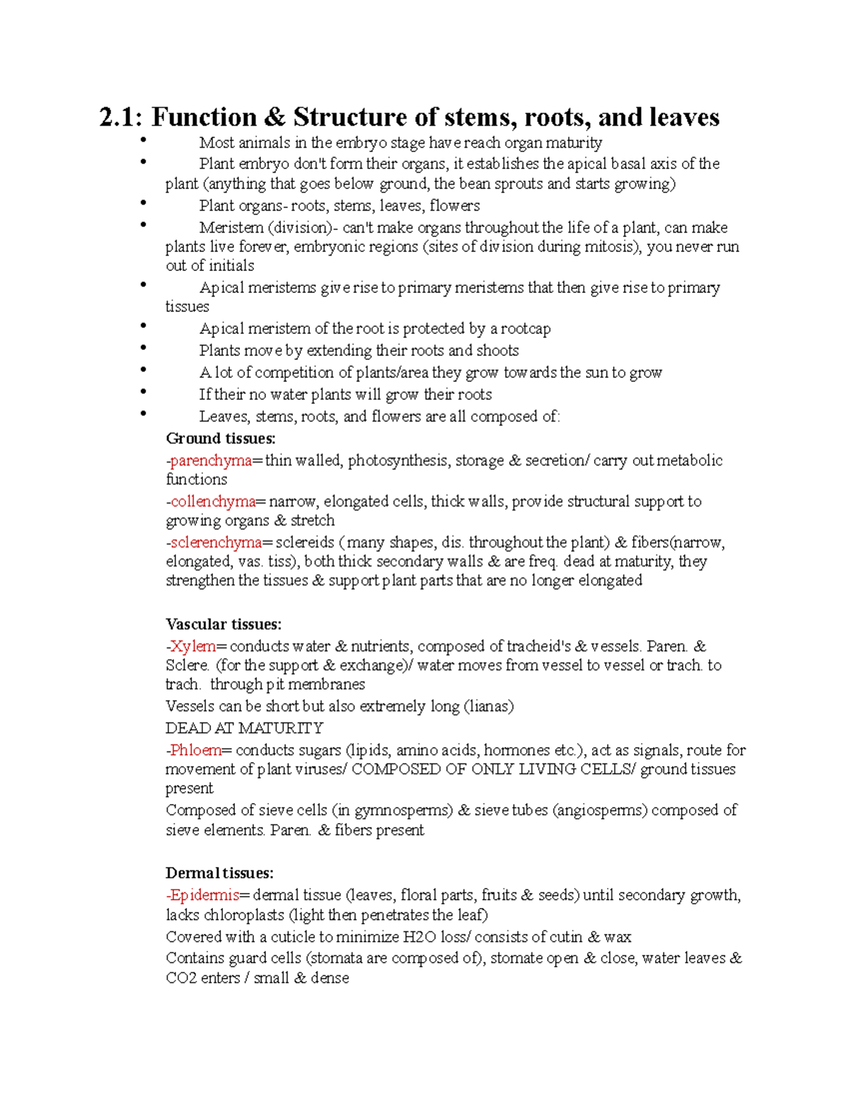 2.1 Function & Structure of stems, roots, and leaves - 2: Function ...