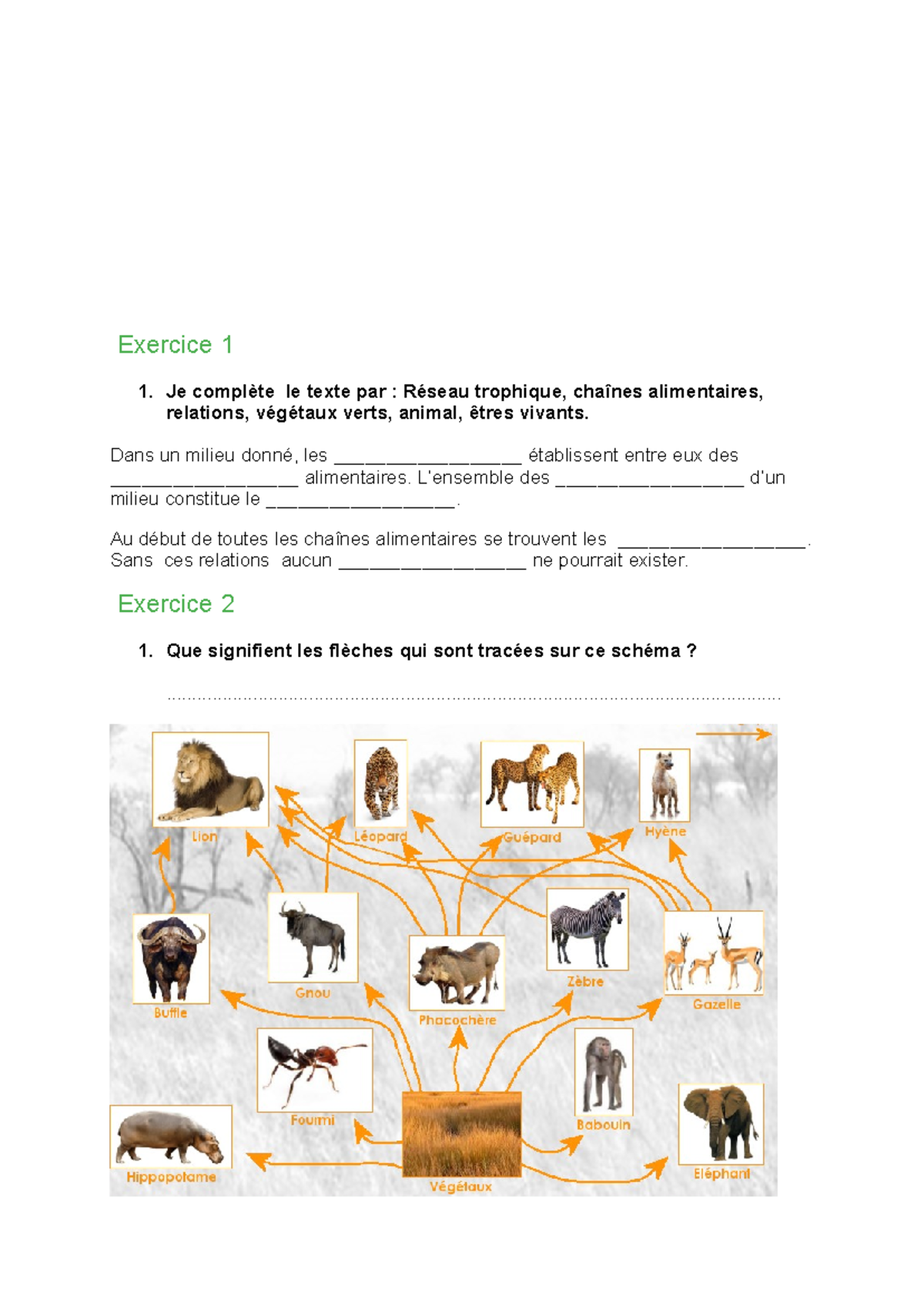 Ctrl - Exercice 1 1. Je complète le texte par : Réseau trophique ...