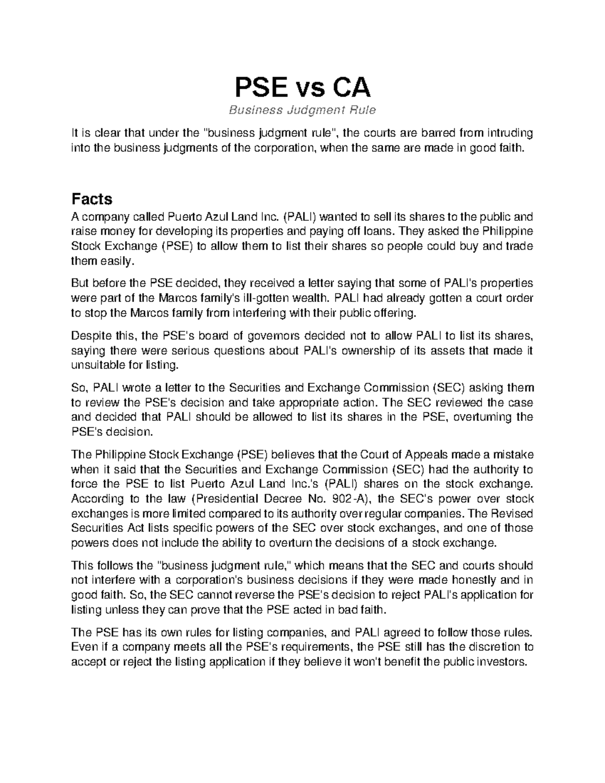9 PSE vs CA - Case Digest - PSE vs CA Business Judgment Rule It is ...
