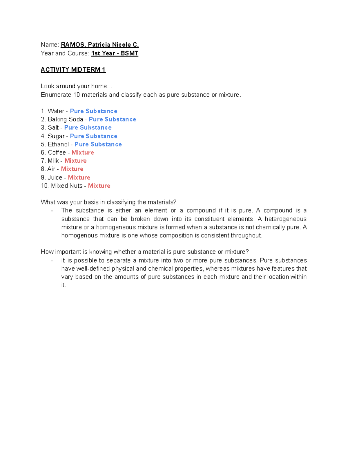Activity Midterm 1 ( Ramos) - Name: RAMOS, Patricia Nicole C, Year and Course: 1st Year - BSMT ...