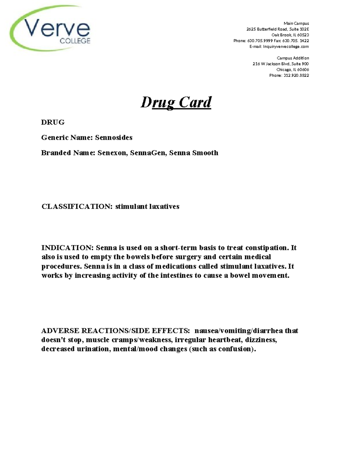 Sennosides Drug Card - drug card - Main Campus 2625 Butterfield Road ...