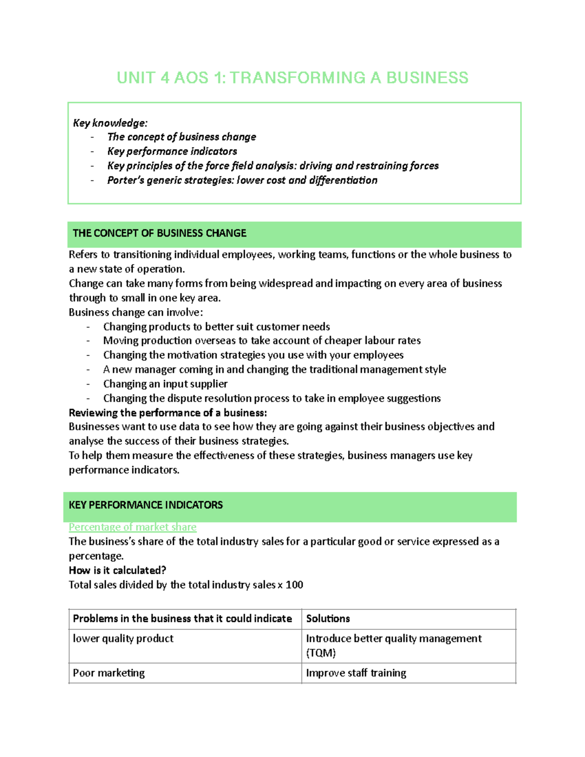 Unit 4 AOS 1 - Business Change - UNIT 4 AOS 1: TRANSFORMING A BUSINESS ...