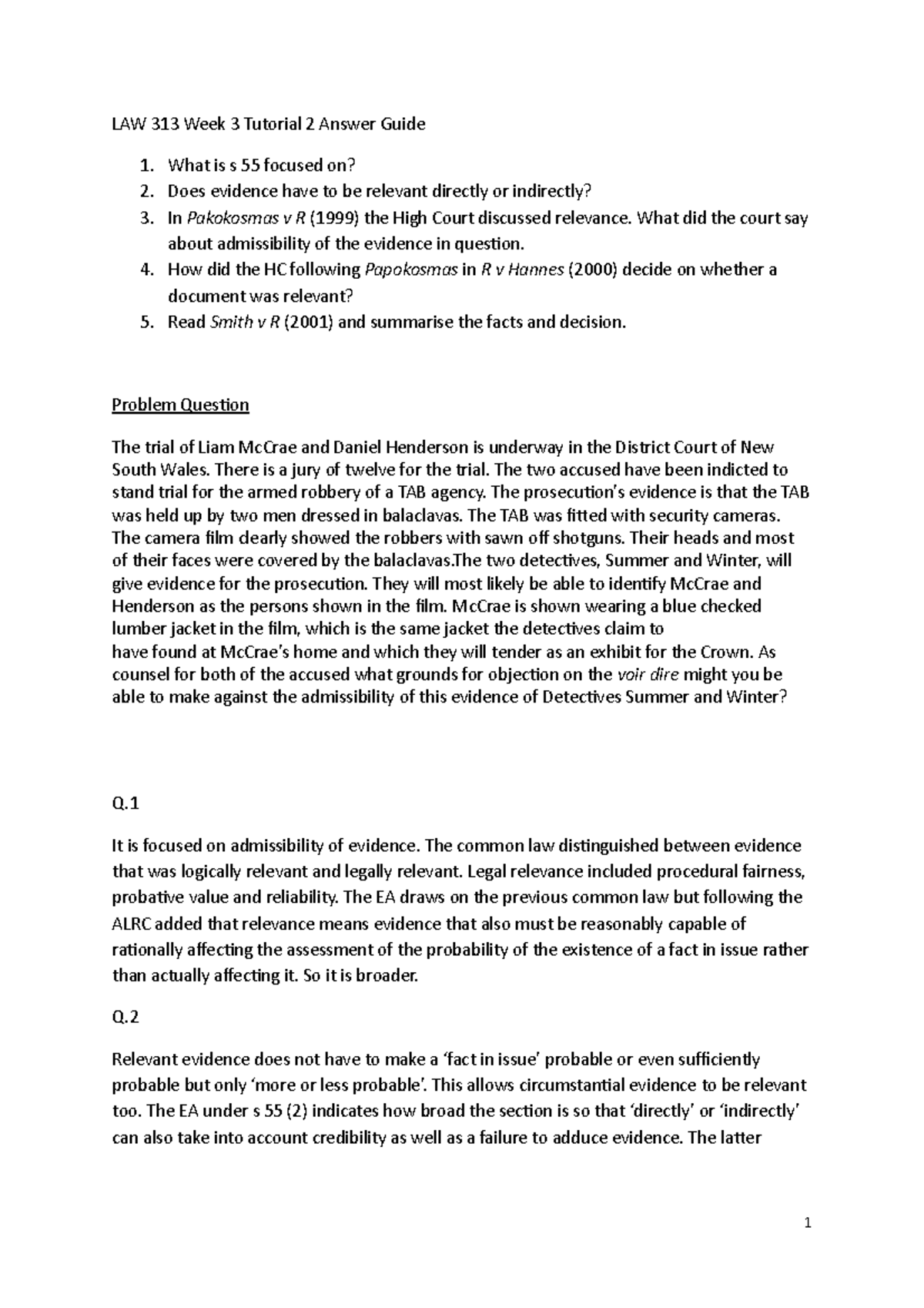 LAW 313 Week 3 Tutorial 2 Answer Guide - LAW 313 Week 3 Tutorial 2 ...