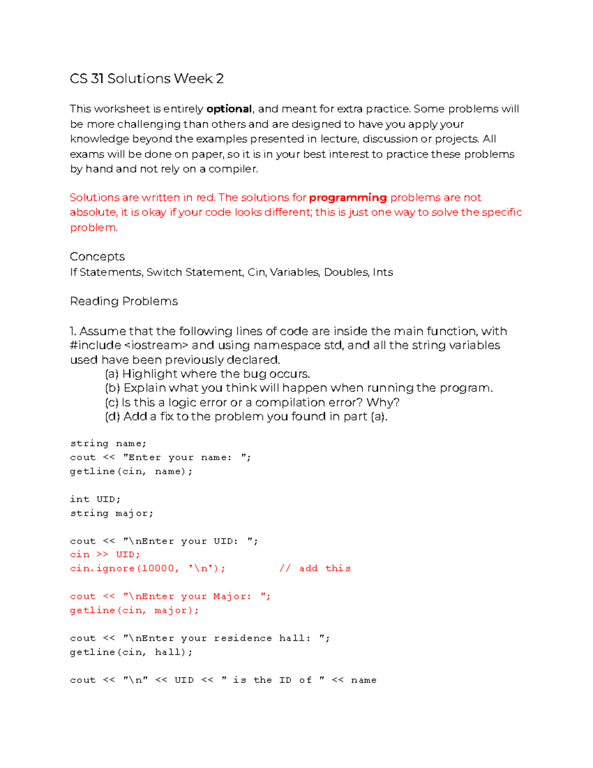 Computer Science 31 - Professor SmallBerg - Worksheet 2 Solutions - CS ...