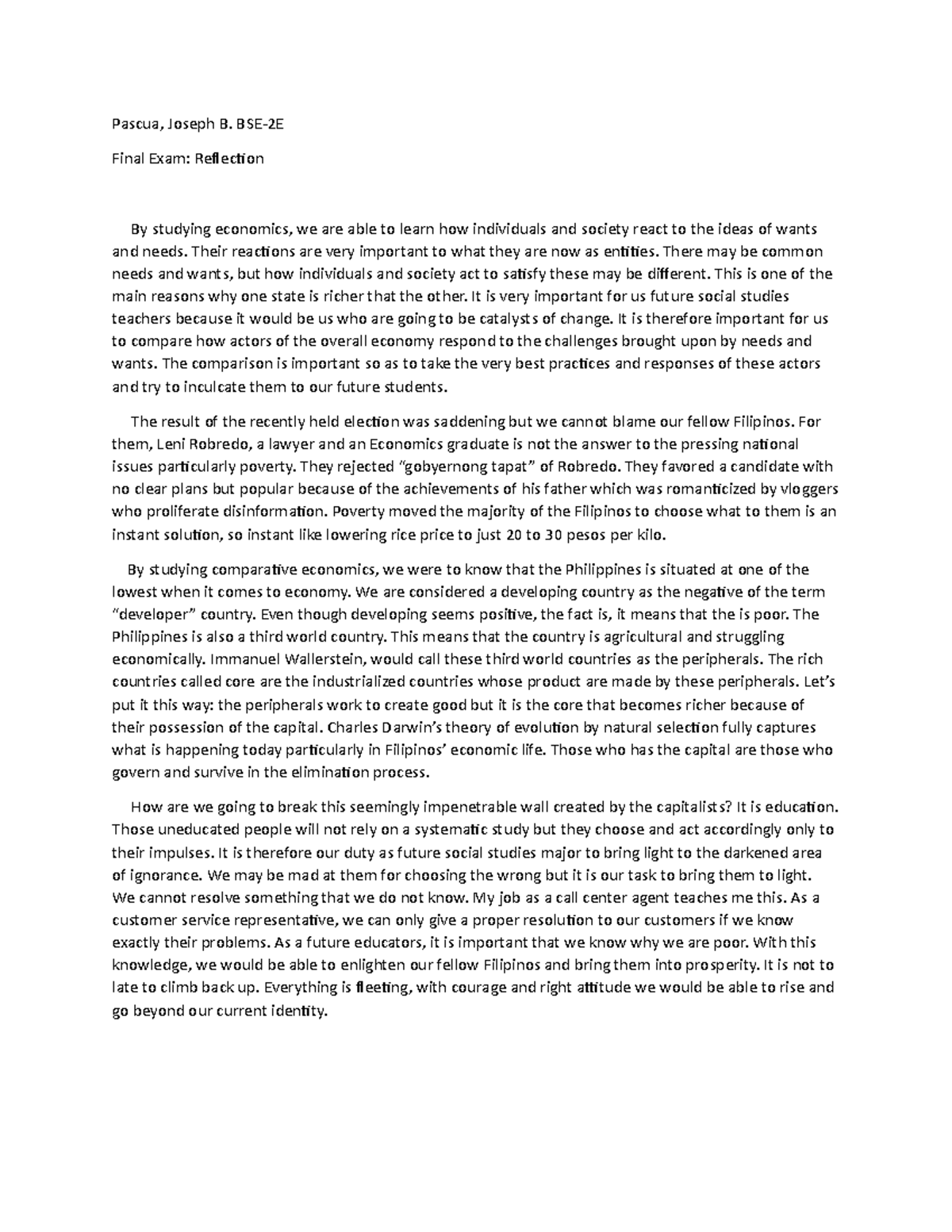 Final Exam - Reflection - Pascua, Joseph B. BSE-2E Final Exam ...