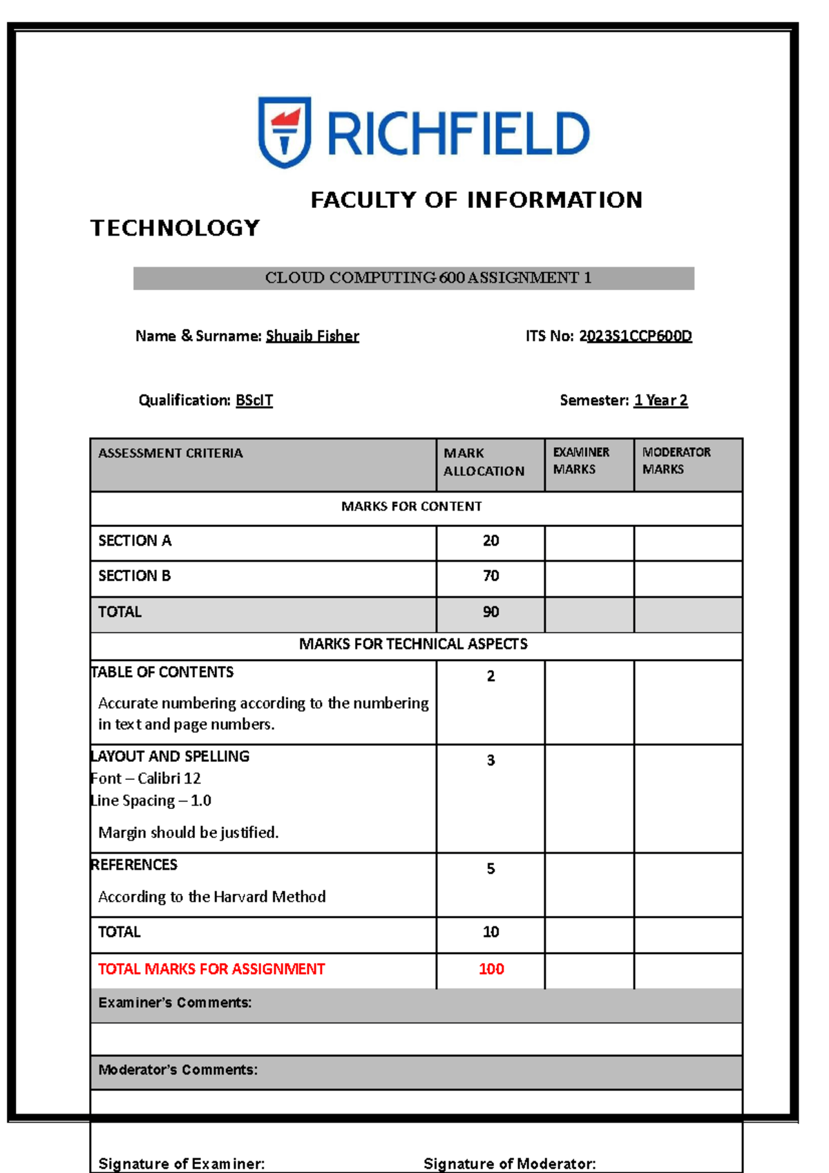 Cloud Computing 600 Assignment 1 Faculty Of Information Technology Name And Surname Shuaib