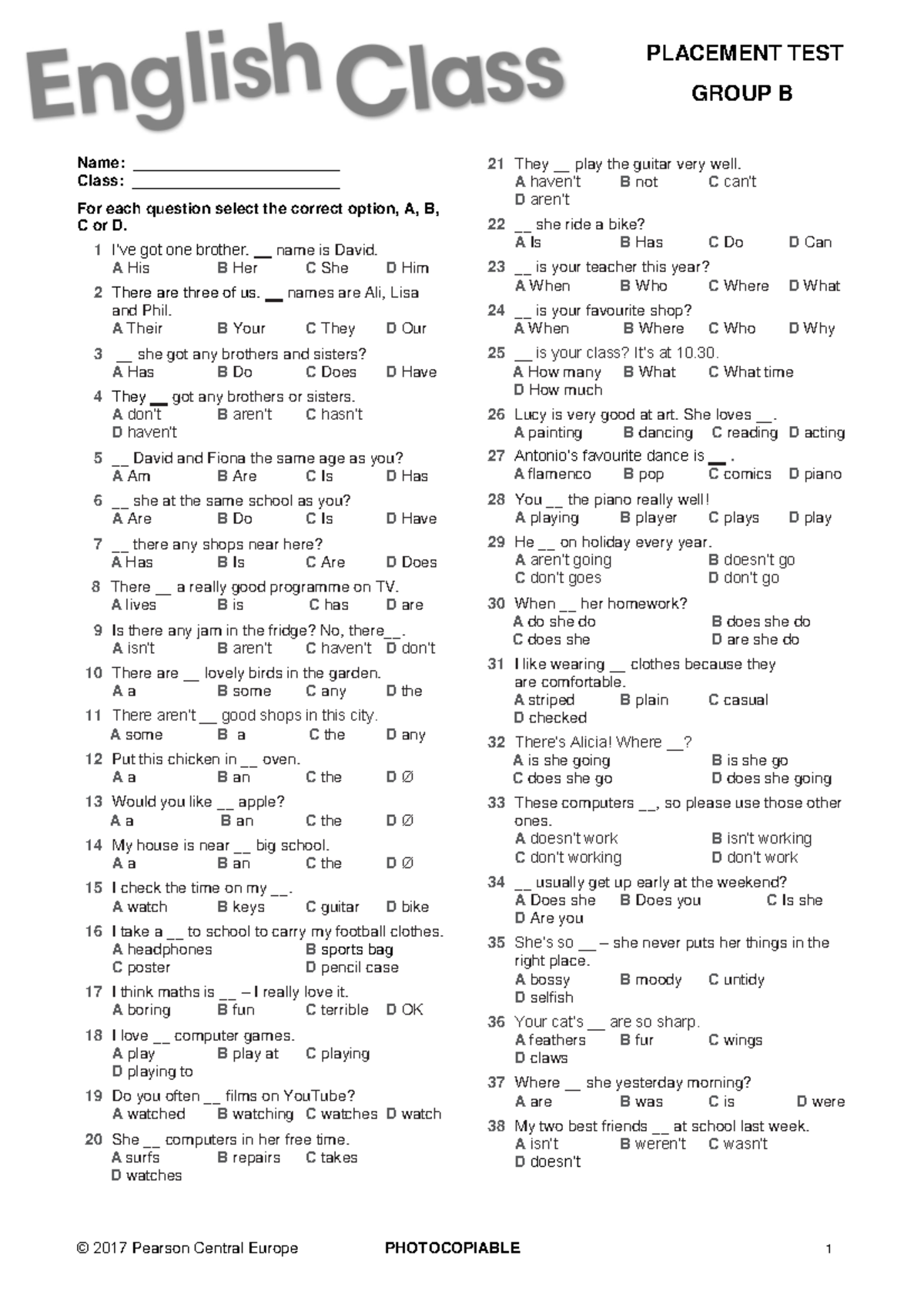 EC A2+ Ptest B - Placement test - © 2017 Pearson Central Europe ...