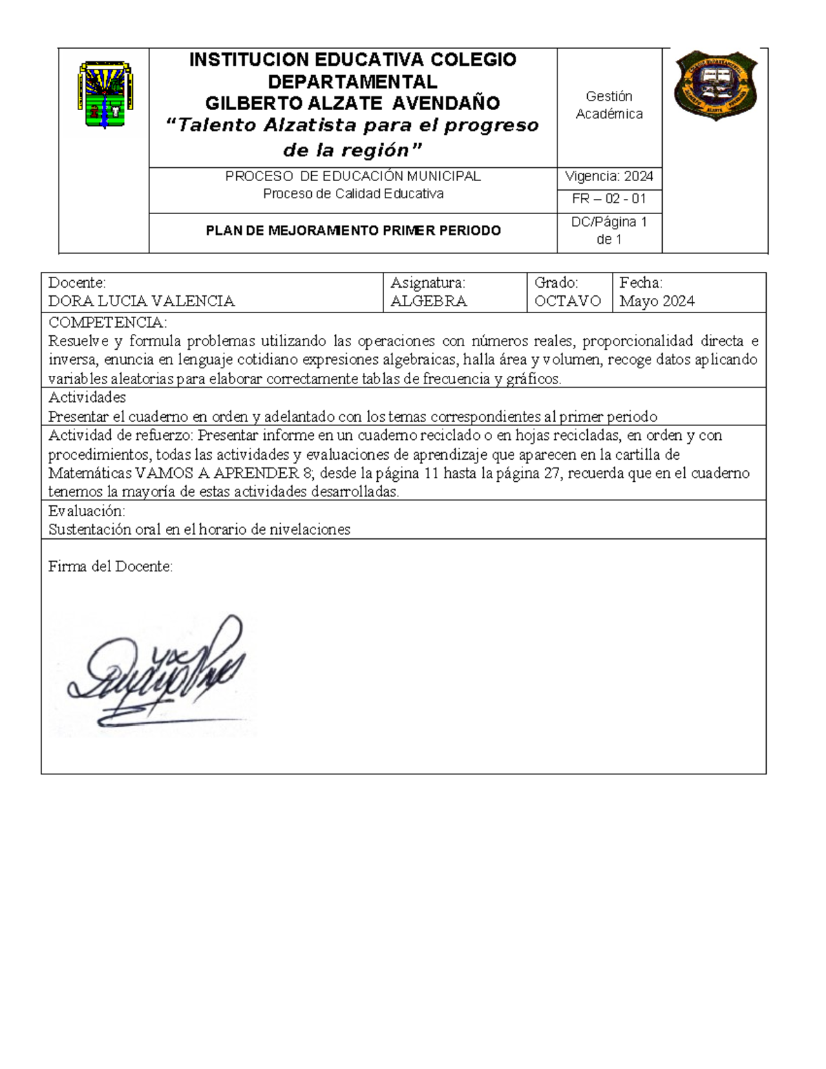 PLAN DE Mejoramiento G.A.A. 8º-I.P. 2024 - INSTITUCION EDUCATIVA ...
