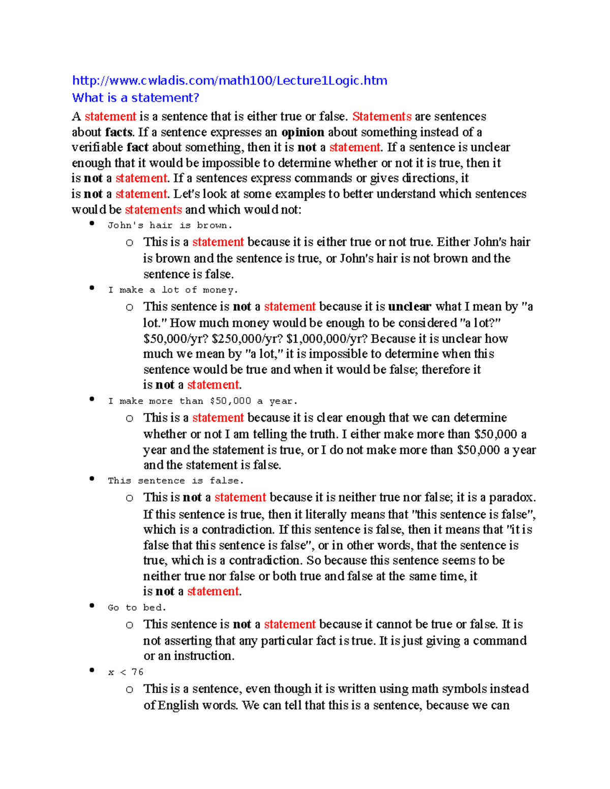Lesson 2 Logic lecture - cwladis/math100/Lecture1Logic.htm What is a ...