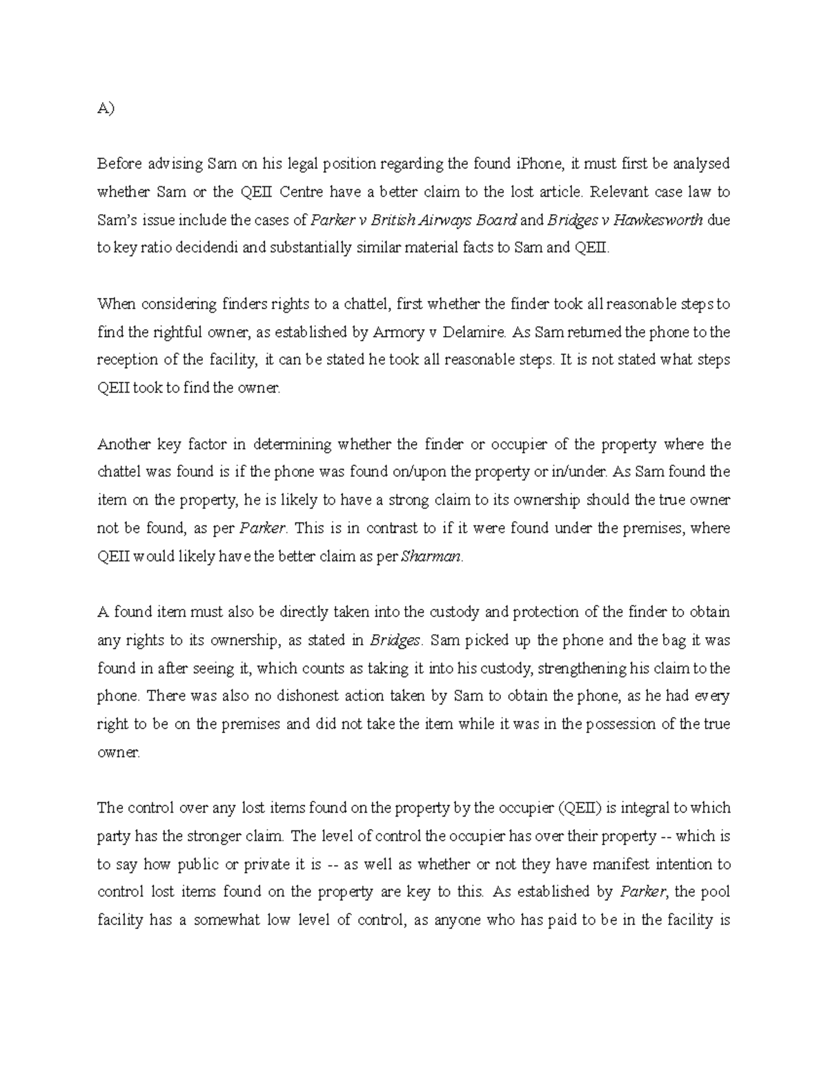 Tutorial 4 - Example IRAC Structure - 75% - A) Before advising Sam on ...