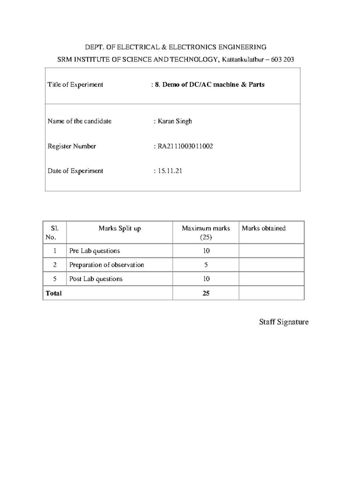 BEEE -8 - BEEE lab - assignment - 8 - DEPT. OF ELECTRICAL & ELECTRONICS ENGINEERING SRM - Studocu