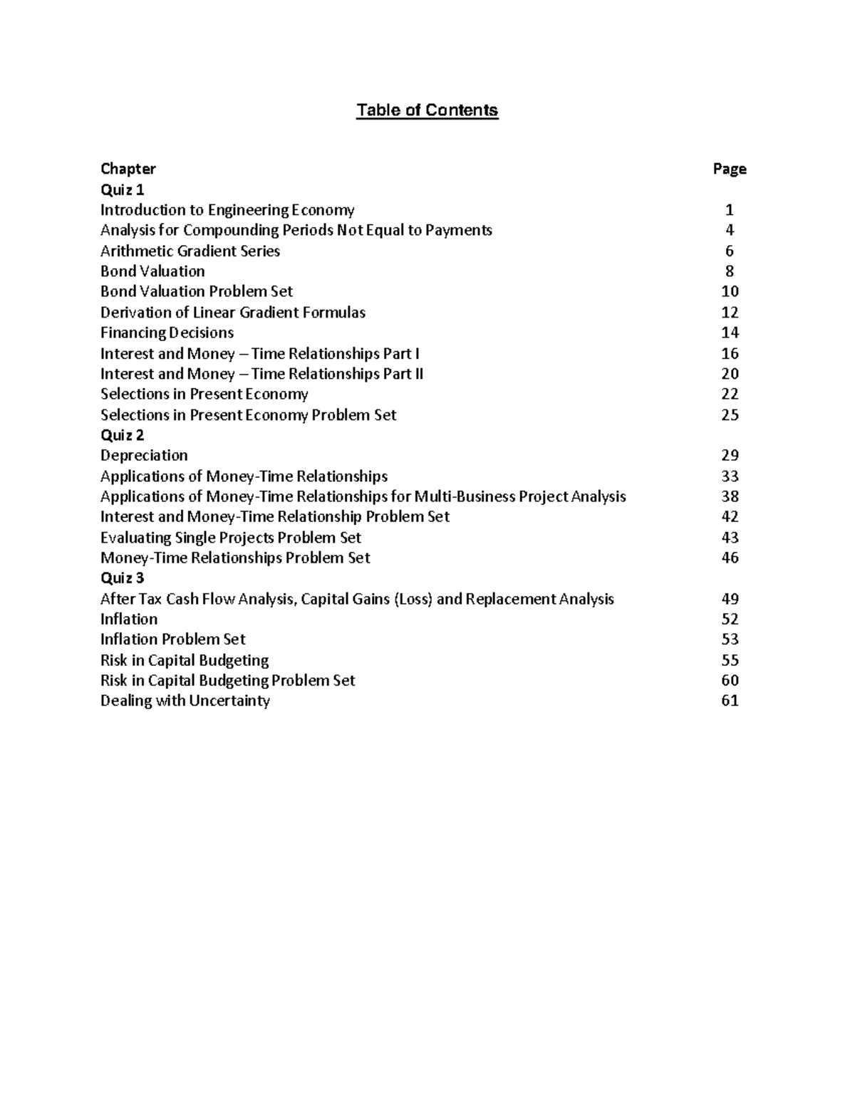 Economics - Lecture notes for compre review - Table of Contents Quiz ...