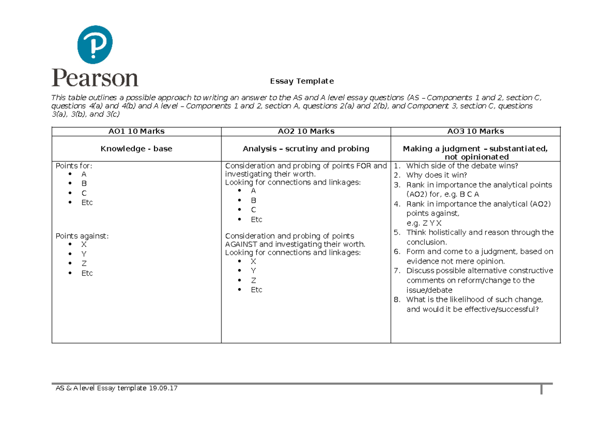 AS and A level Essay Template - Essay Template This table outlines a ...