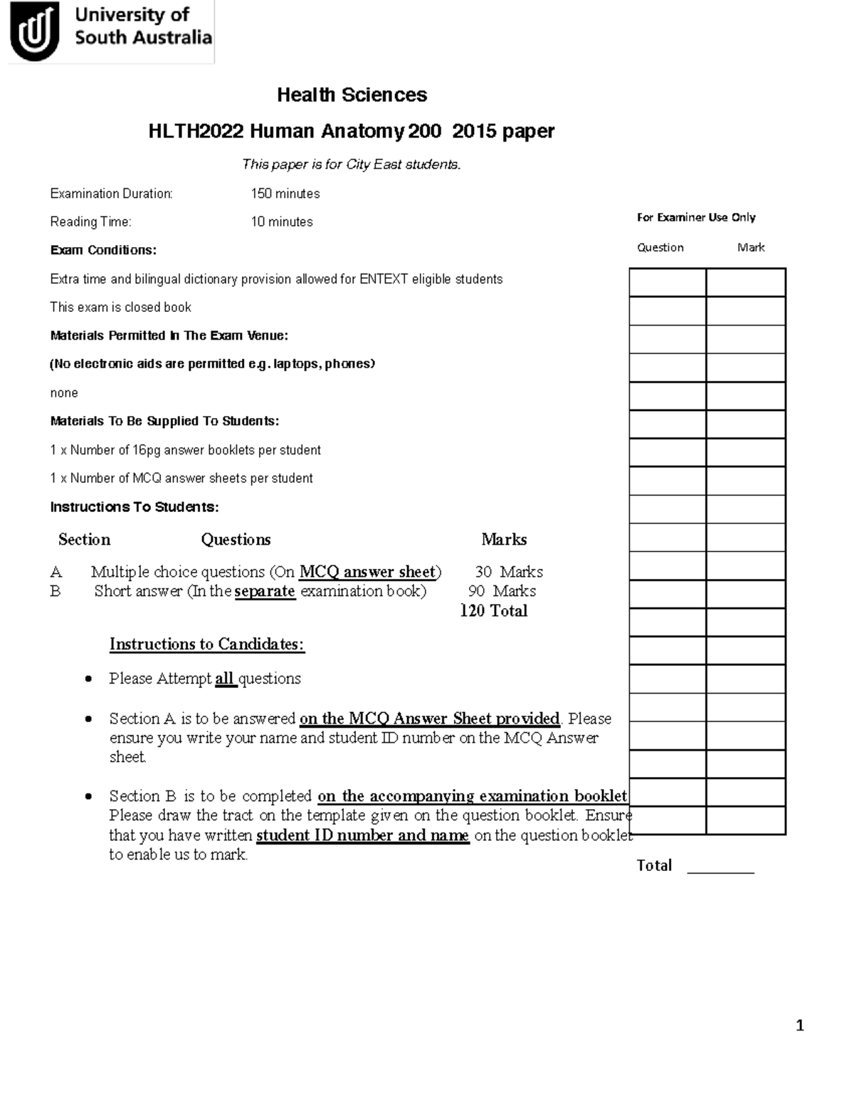 TEST 2015, questions and answers - Health Sciences HLTH2022 Human ...