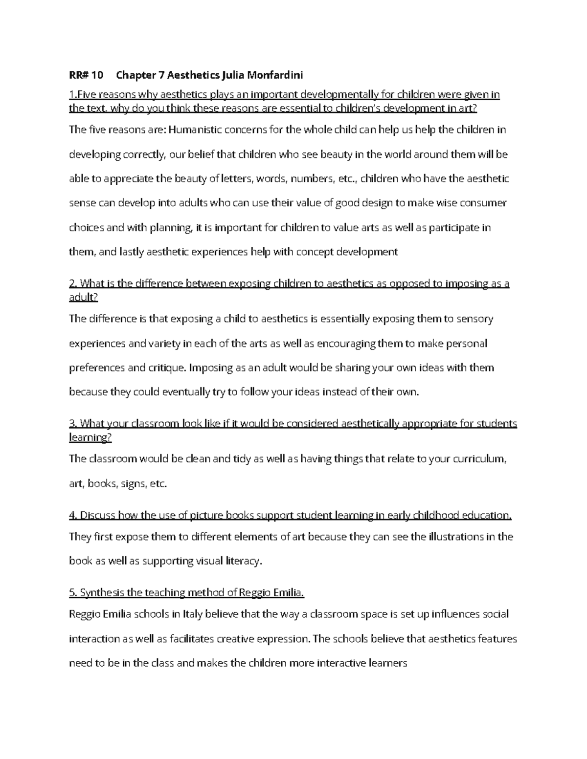 Reading response 10 - RR# 10 Chapter 7 Aesthetics Julia Monfardini 1 ...