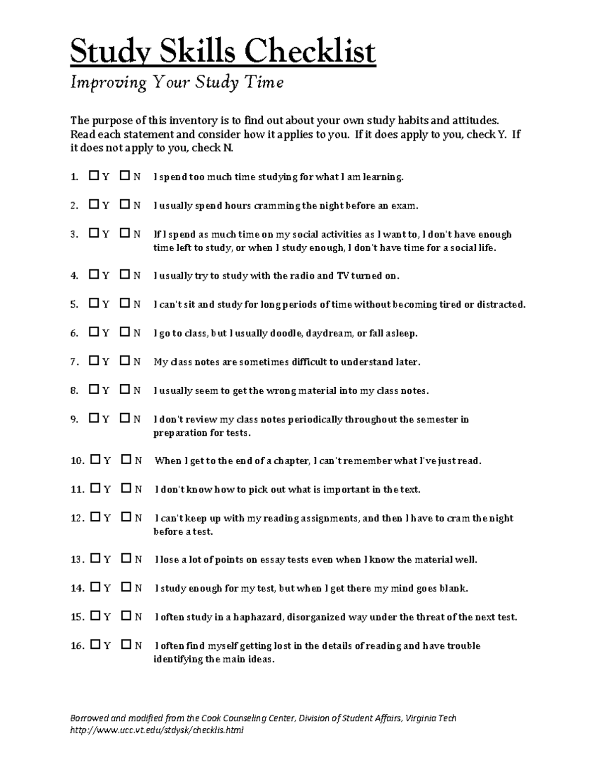 Study-Skills-Checklist - Study Skills Checklist Improving Your Study ...