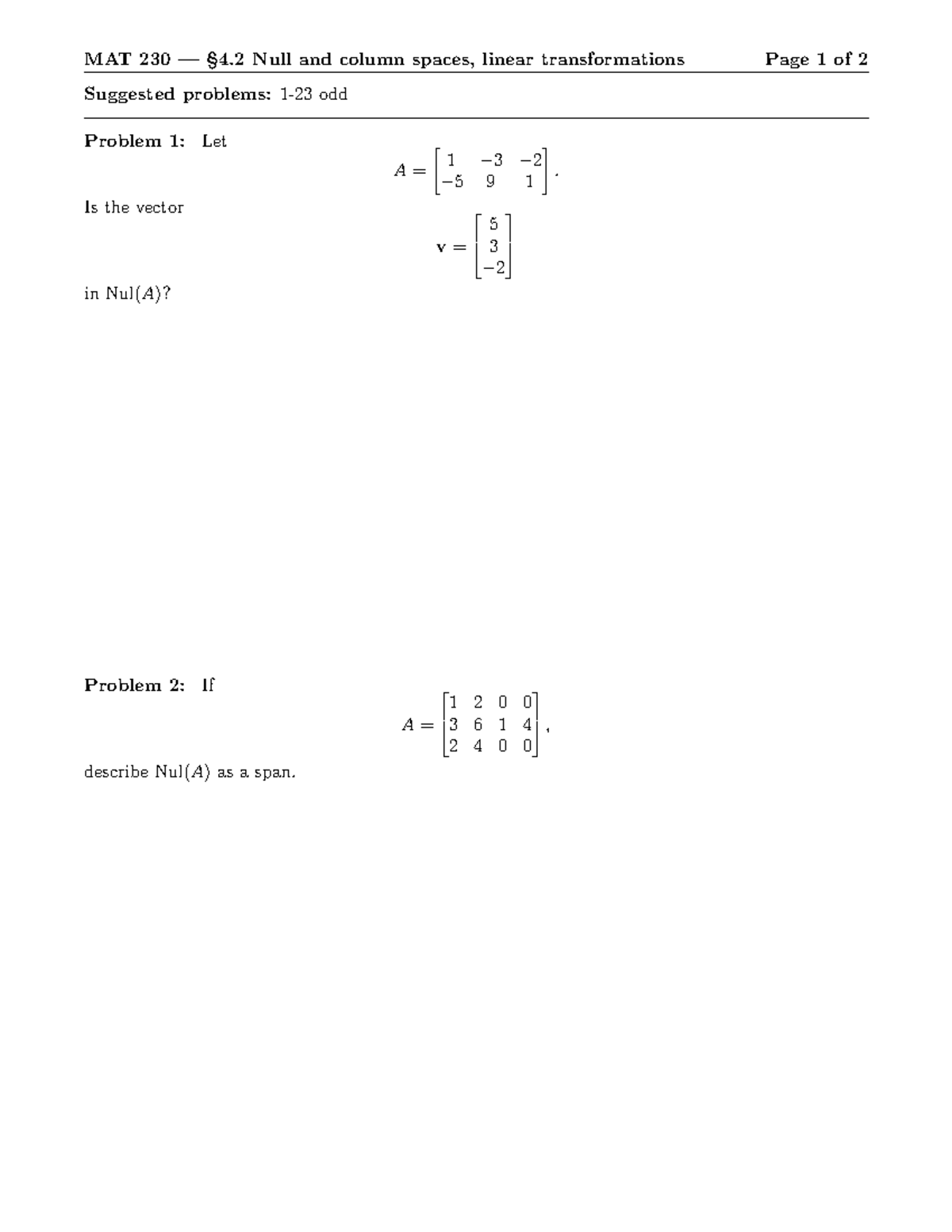 11 11 4 2 Null Spaces Column Spaces And Linear Transformations Handout Mat 230 — §4 Null