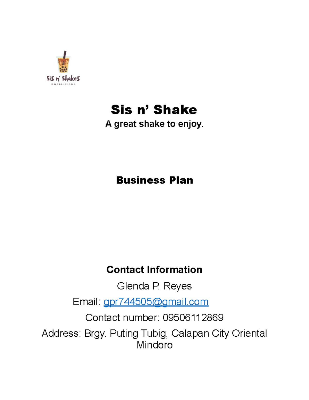 Business Plan - Sis n’ Shake A great shake to enjoy. Business Plan ...