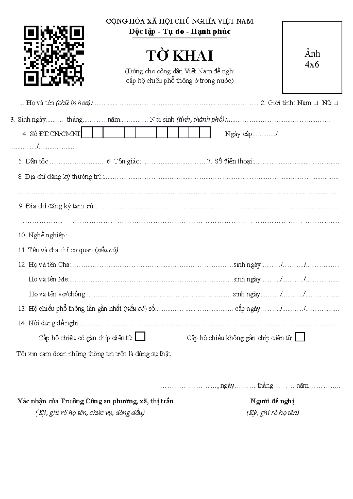 Mau TK01 to khai cap HCPT ở trong nước - CỘNG HÒA XÃ HỘI CHỦ NGHĨA VIỆT NAM Độc lập - Tự do ...