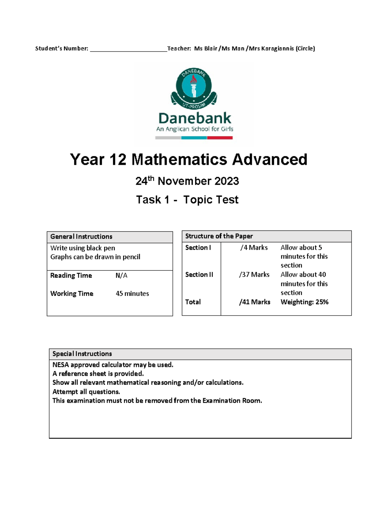 Danebank Math Adv 2024 Year 12 Task 1 with solutions - Student’s Number ...