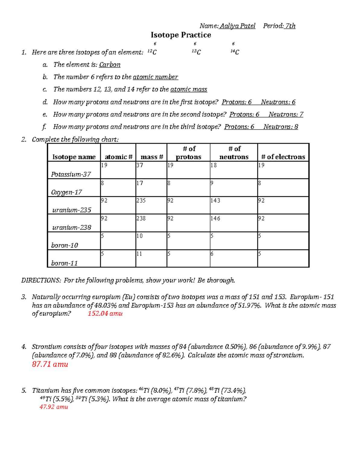 Isotope review practice - Name: Aaliya Patel Period: 7th Isotope ...