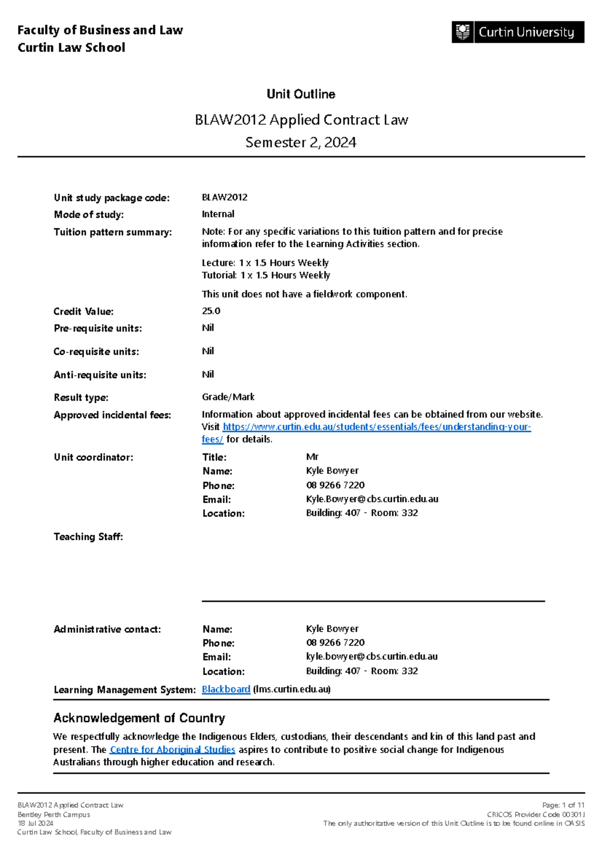 APL Unit outline - Acknowledgement of Country We respectfully ...
