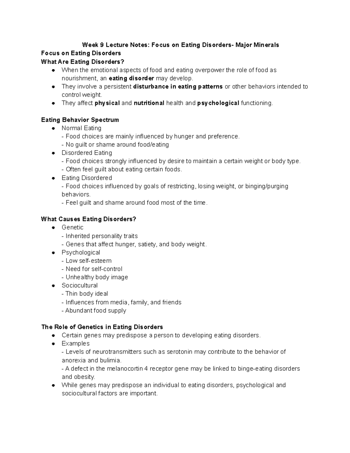 Week 9 notes - Focus on eating disorders-major minerals - Week 9 ...