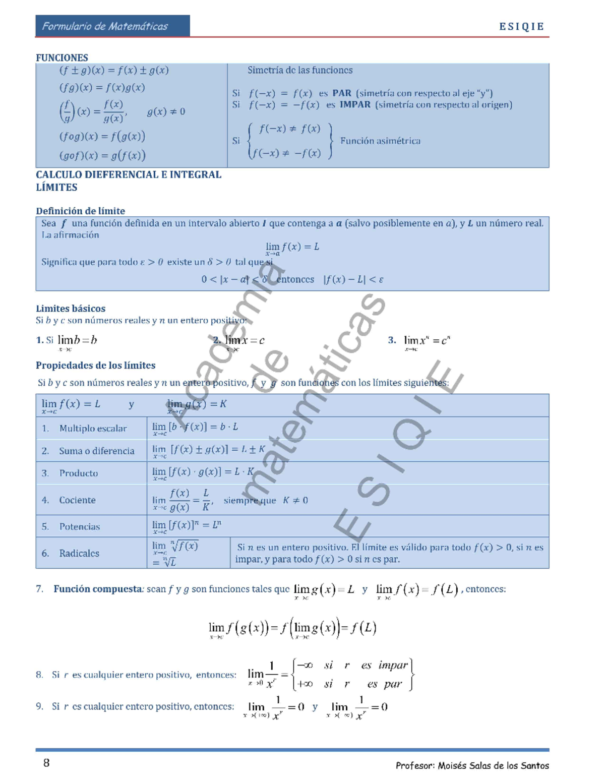 Formulario MATE Esiqie - Cálculo Diferencial E Integral - Studocu