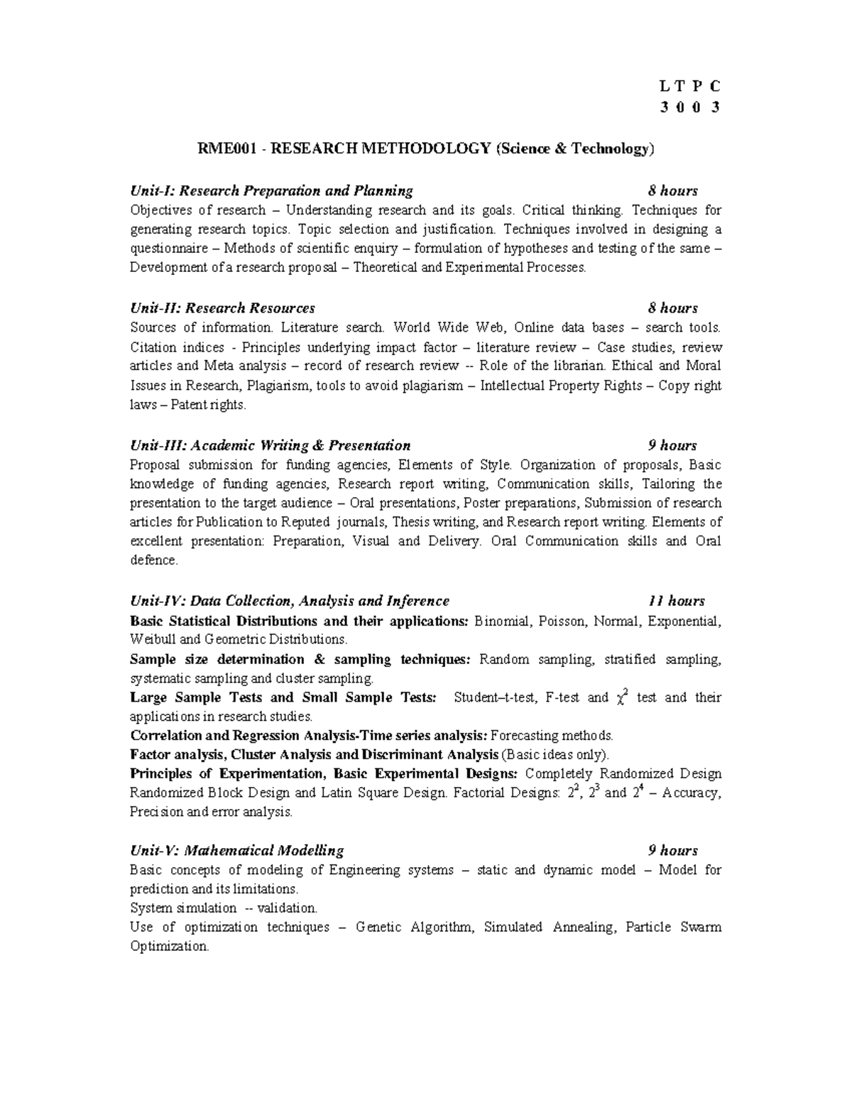 3. Research Methodology Syllabus - L T P C 3 0 0 3 RME001 - RESEARCH ...