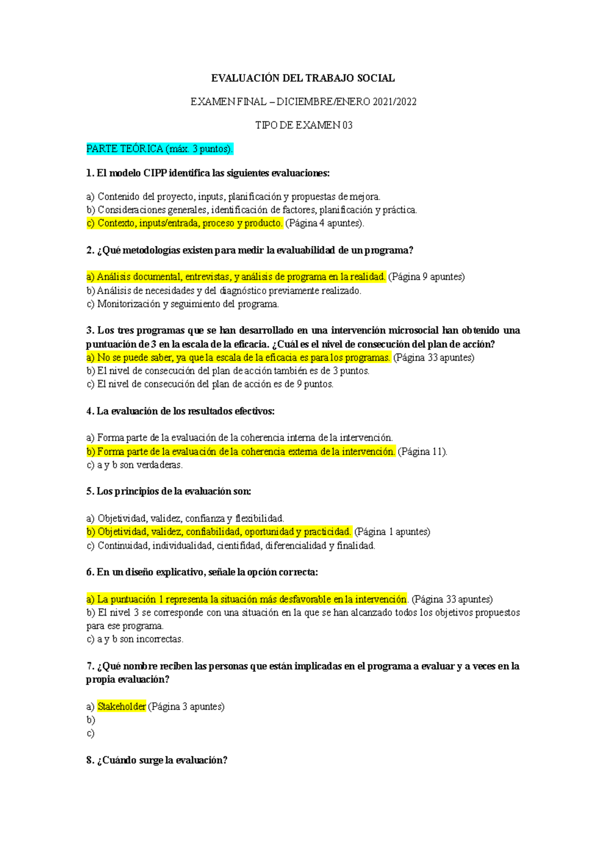 EX. EvaluacióN DEL Trabajo Social - EVALUACIÓN DEL TRABAJO SOCIAL EXAMEN FINAL – DICIEMBRE/ENERO ...