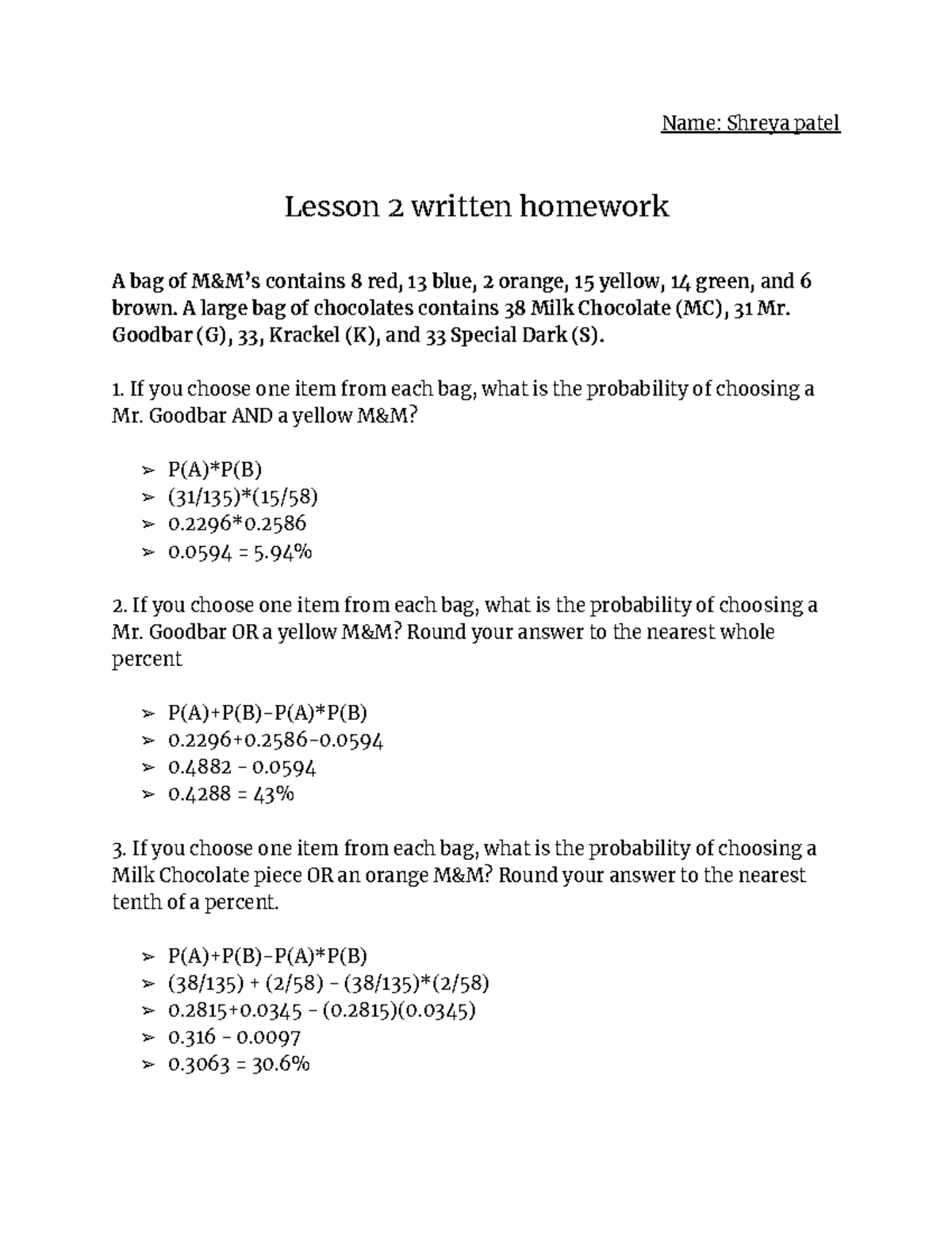 Lesson 2 Written Homework Name Shreya Patel Lesson 2 Written Homework A Bag Of Mandms Contains