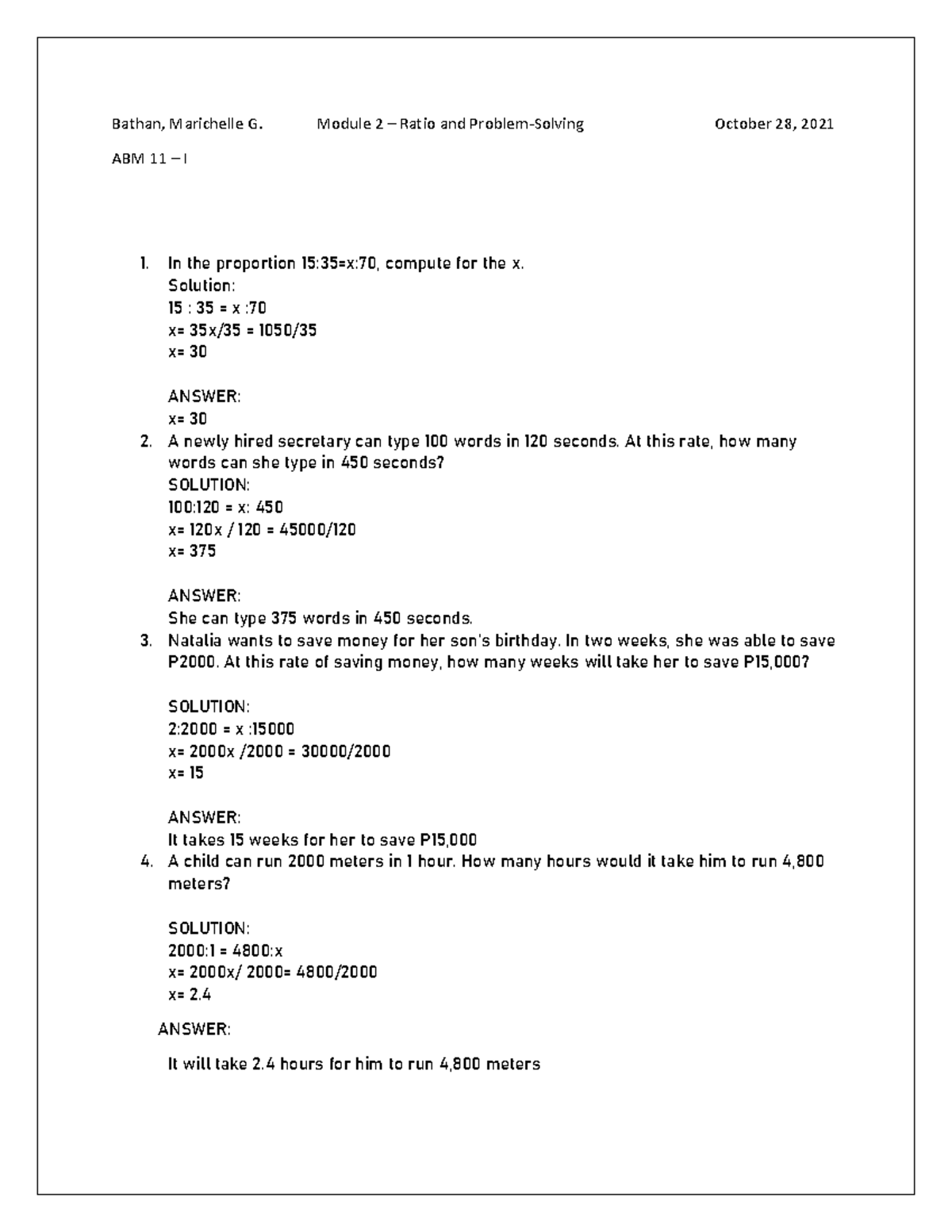 Module 2 assignment Bathan - Bathan, Marichelle G. Module 2 – Ratio and ...