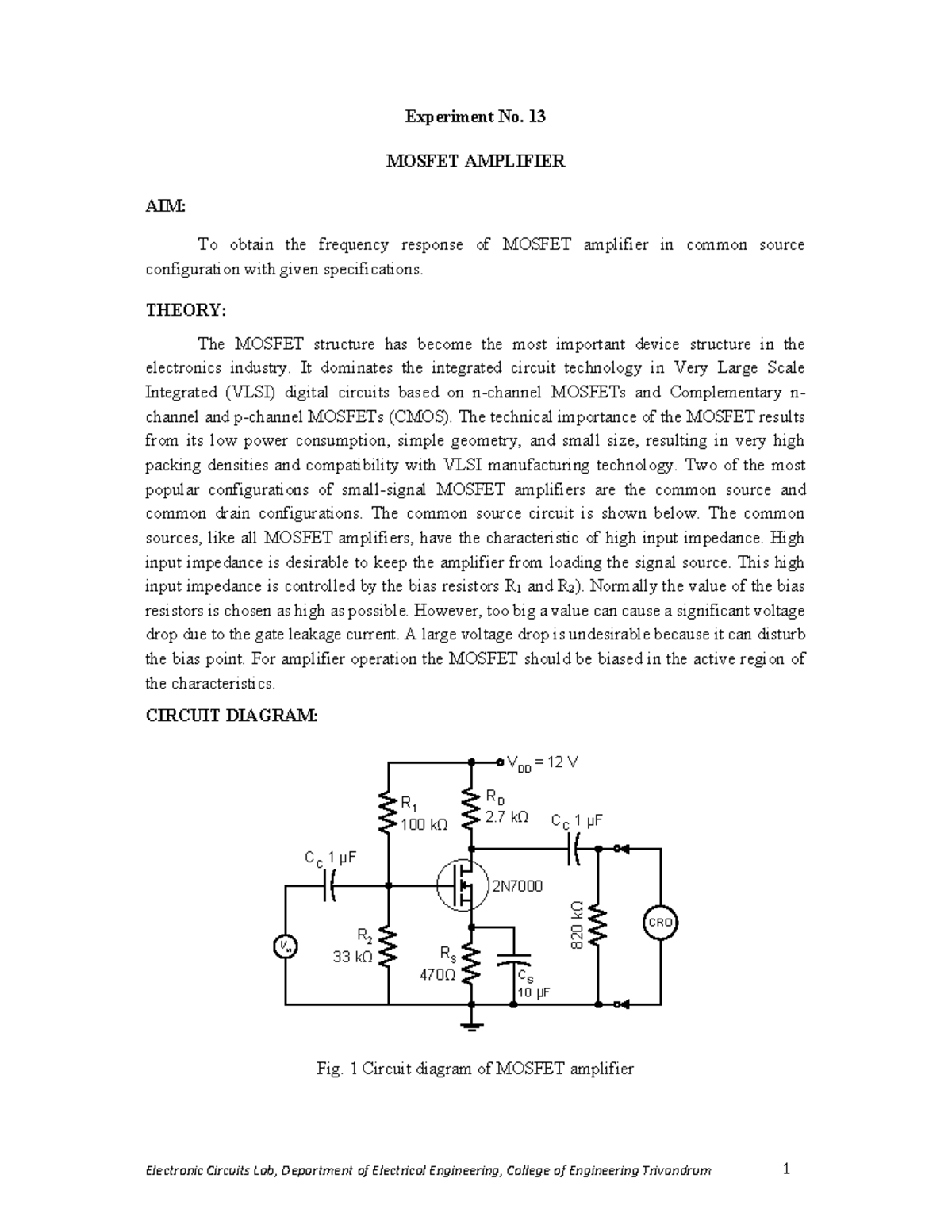 13- Mosfet amplifier - Lab manual for electronics. - Electronic Circuits Lab, Department of ...