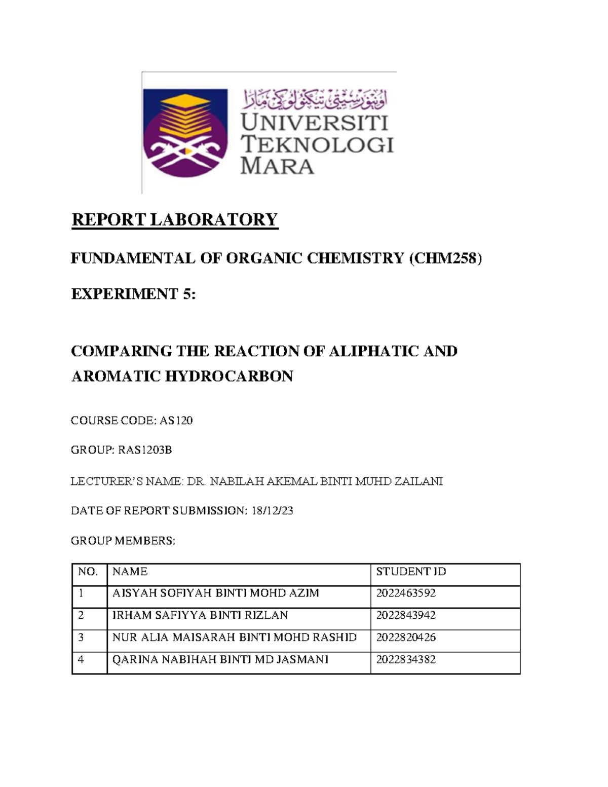 Report Laboratory EXP 5 CHM - REPORT LABORATORY FUNDAMENTAL OF ORGANIC ...