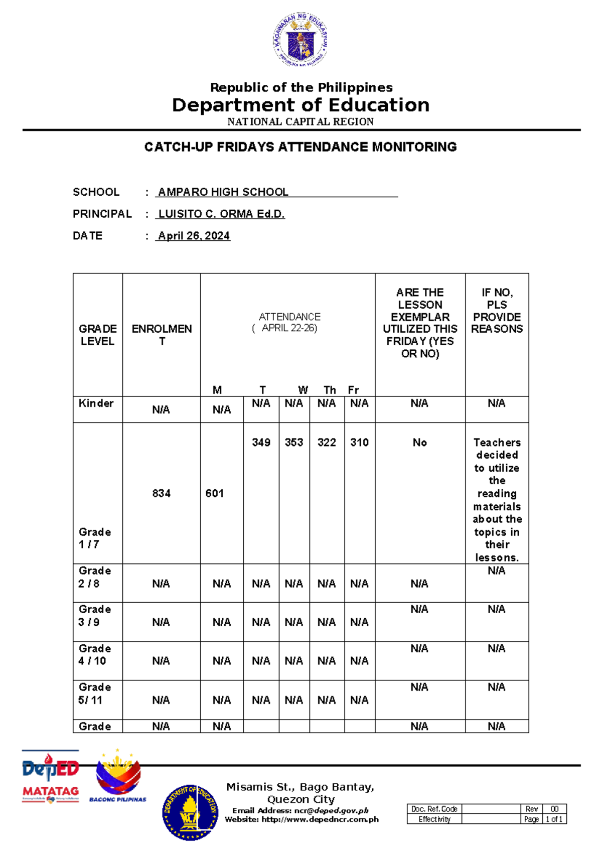 Grade 7 CUF Attendance Monitoring Amparo High School April 26 Asynch ...